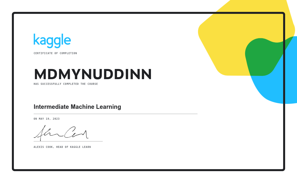 MDMYNUDDINN completed the Intermediate Machine Learning course on Kaggle!