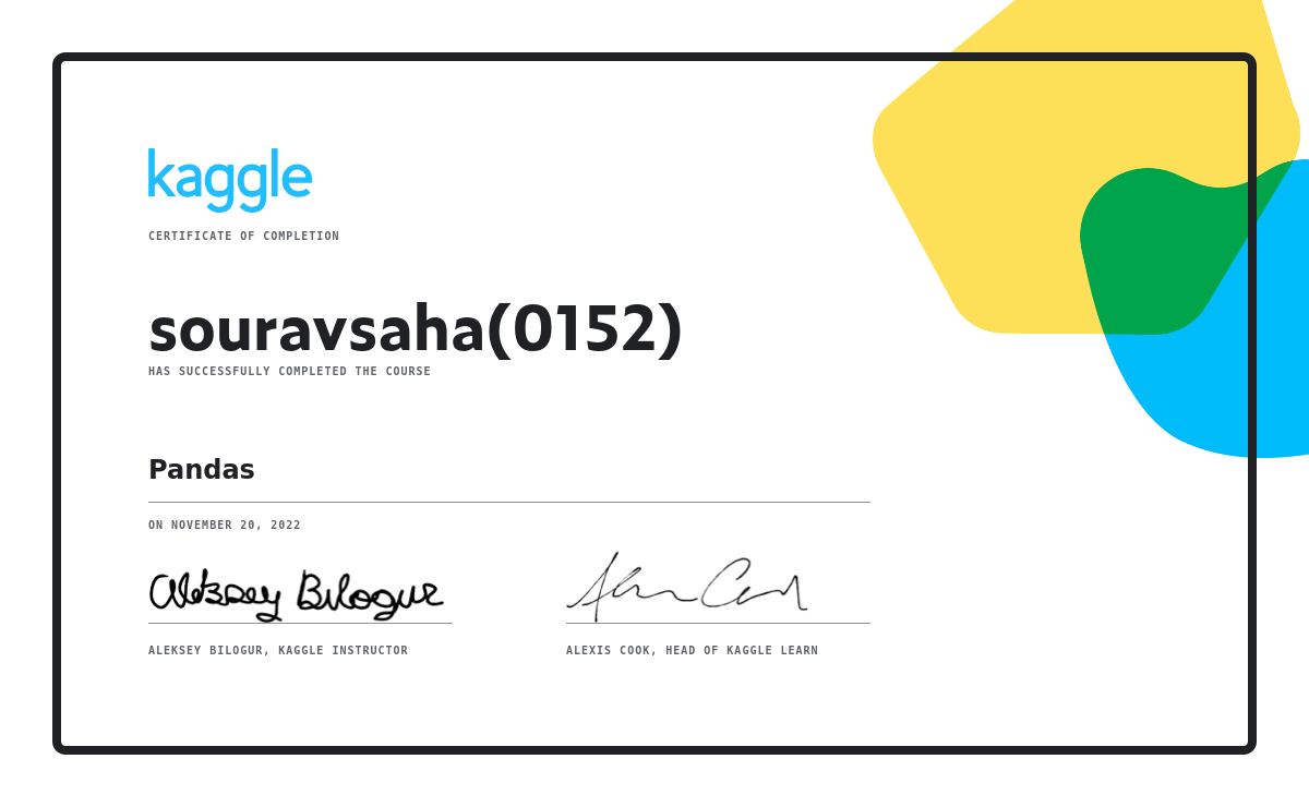 souravsaha(0152) completed the Pandas course on Kaggle!