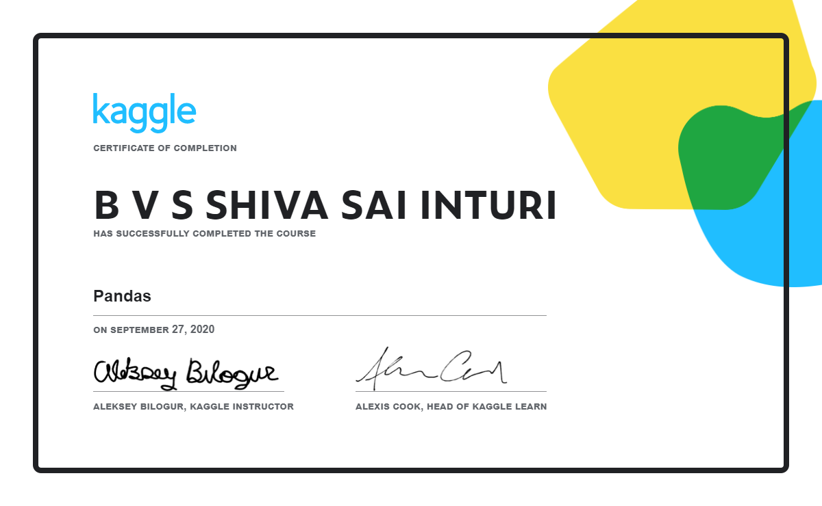 B V S Shiva Sai Inturi Completed The Pandas Course On Kaggle 
