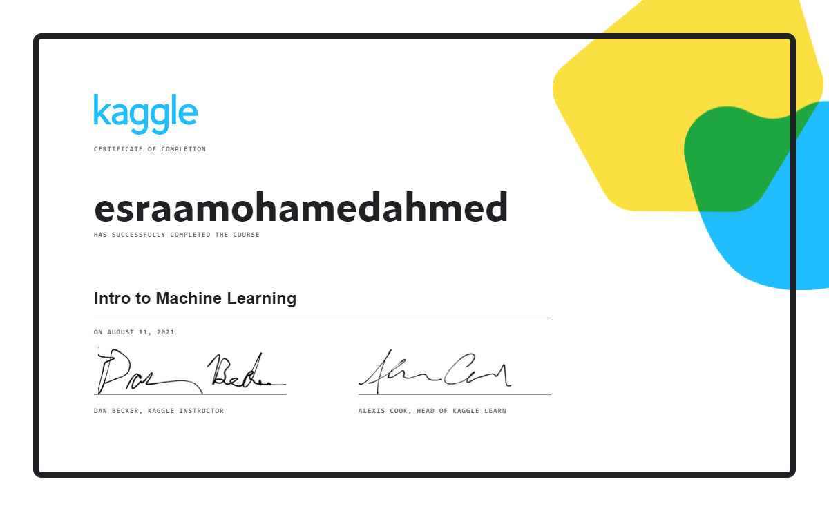esraa mohamed ahmed completed the Intro to Machine Learning course on Kaggle!