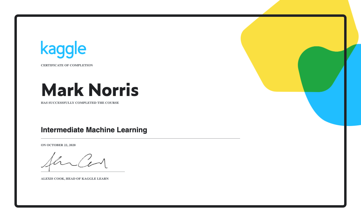 Mark Norris completed the Intermediate Machine Learning course on Kaggle!