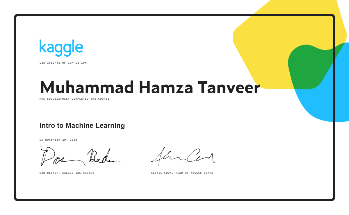 Muhammad Hamza Tanveer completed the Intro to Machine Learning course ...