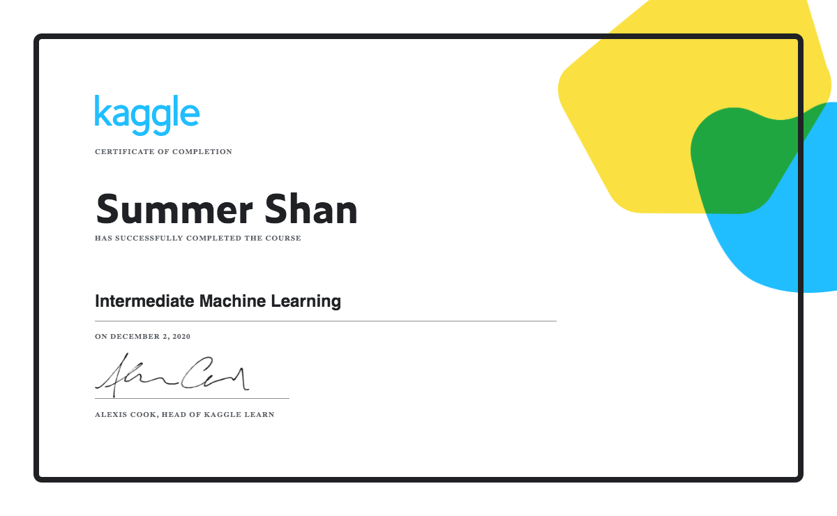Summer Shan completed the Intermediate Machine Learning course on Kaggle!