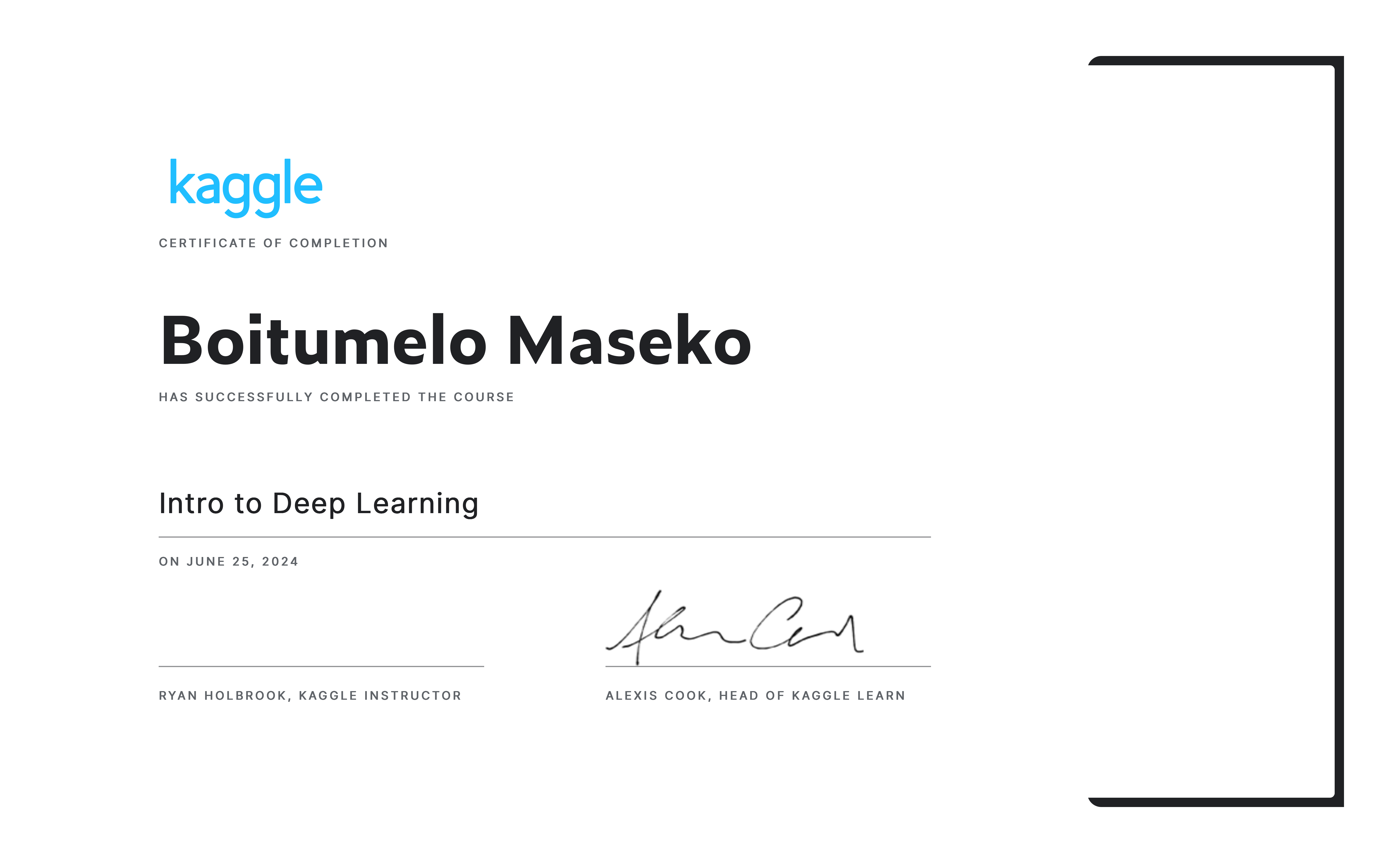 Boitumelo Maseko completed the Intro to Deep Learning course on Kaggle!