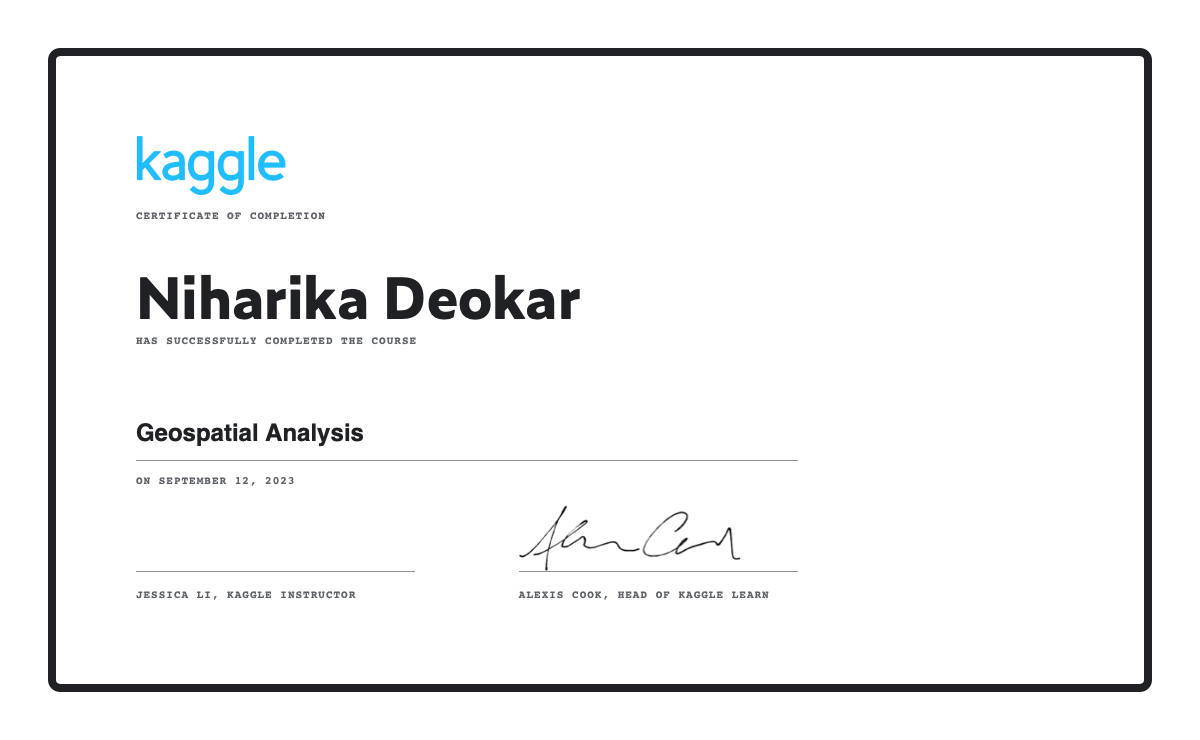 Niharika Deokar completed the Geospatial Analysis course on Kaggle!