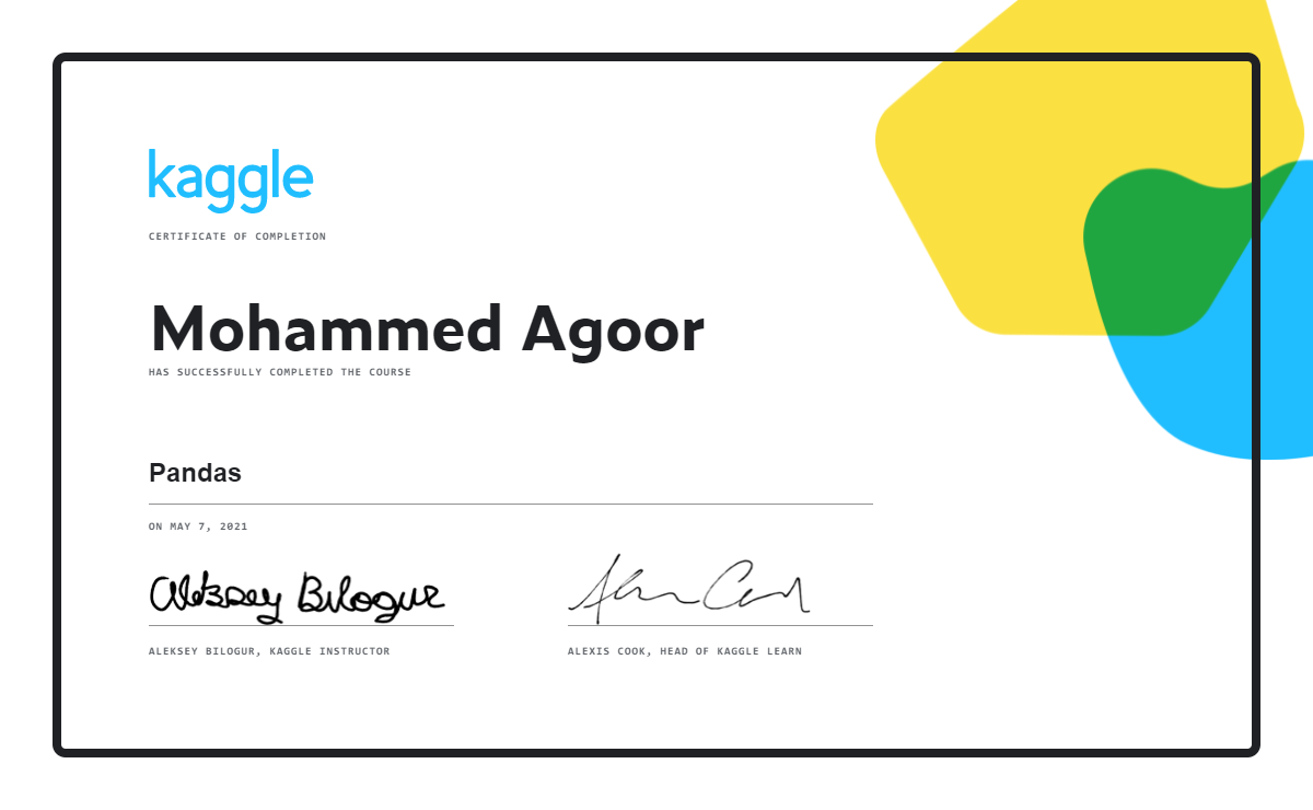 Mohammed Agoor completed the Pandas course on Kaggle!