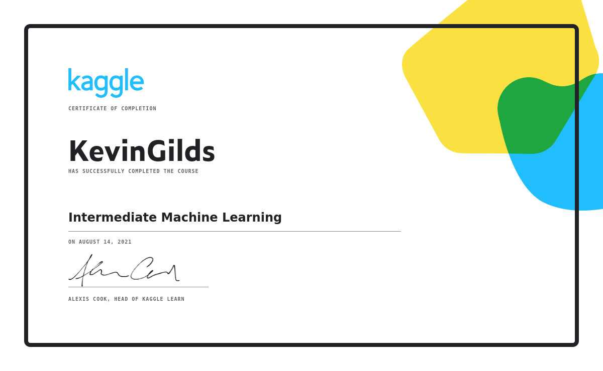 KevinGilds completed the Intermediate Machine Learning course on Kaggle!