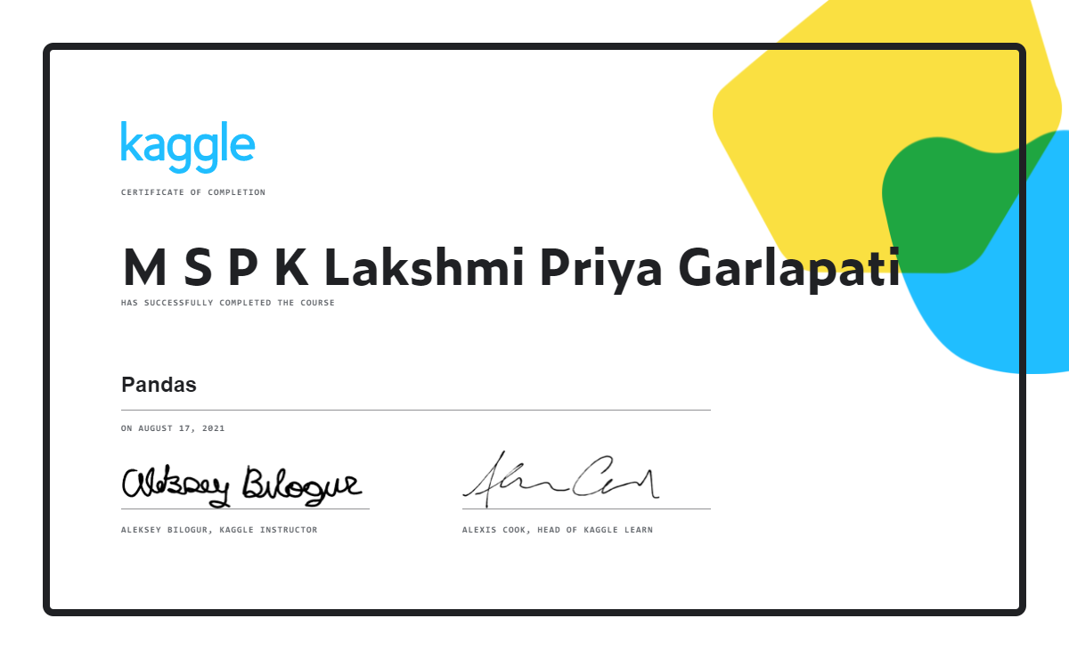 M S P K Lakshmi Priya Garlapati Completed The Pandas Course On Kaggle