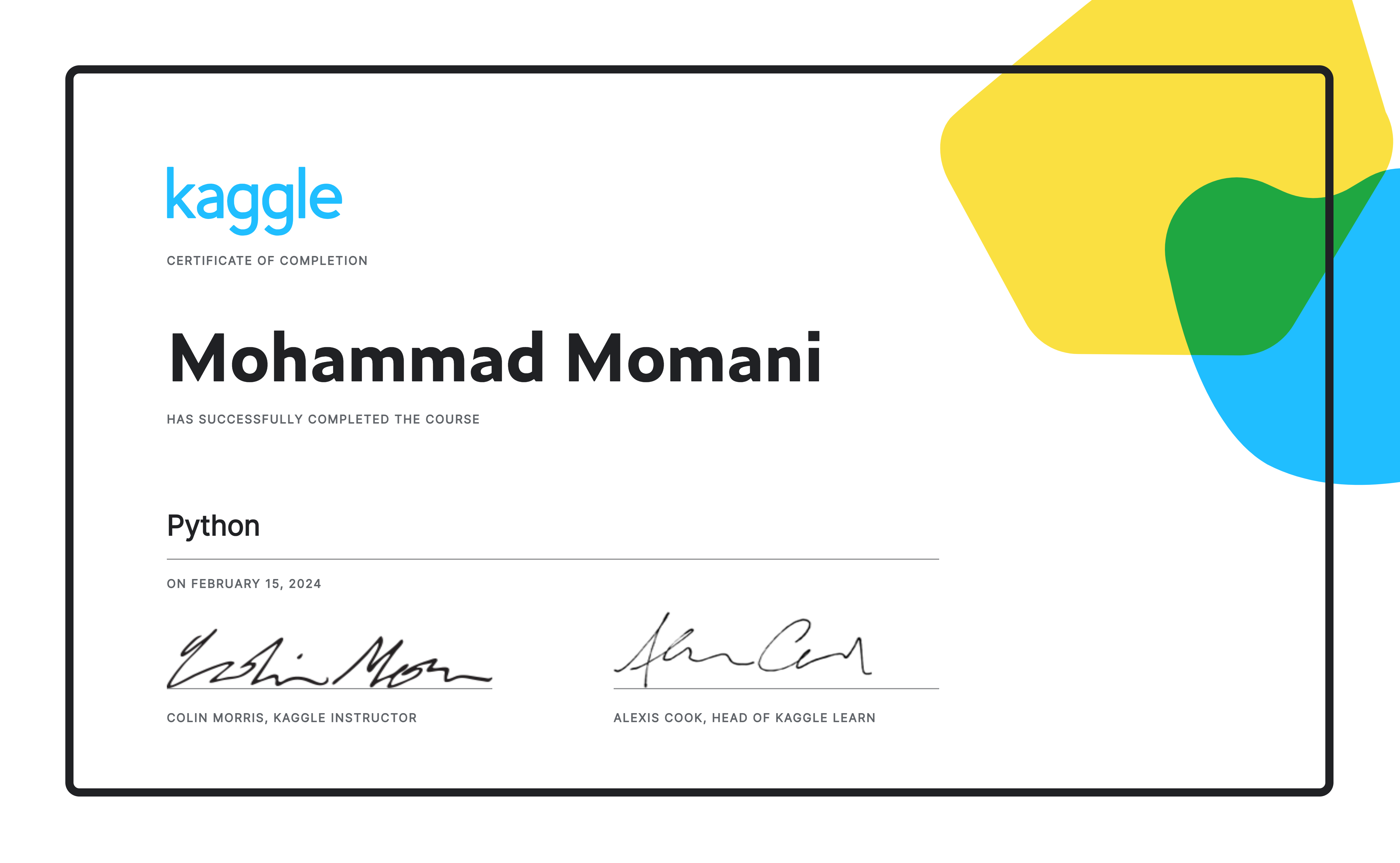 Mohammad Momani completed the Python course on Kaggle!