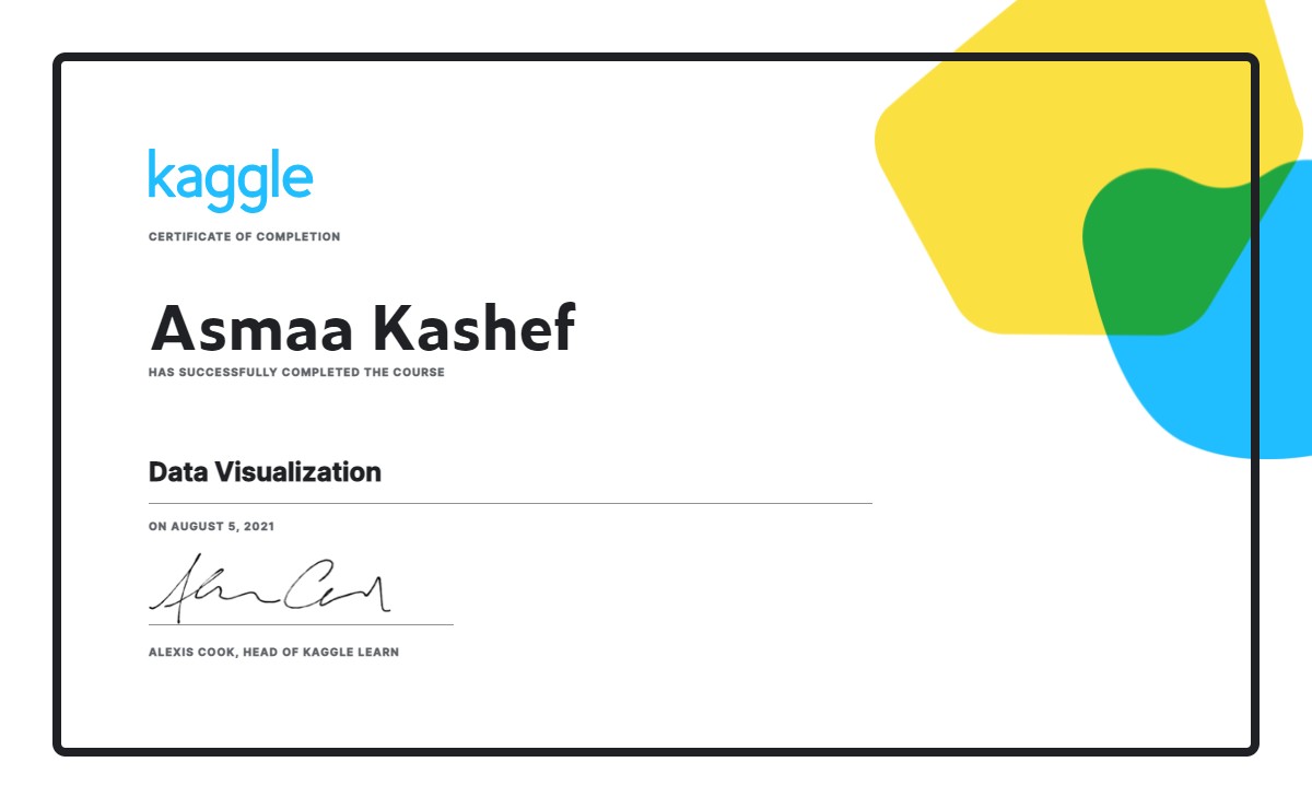 Asmaa Kashef completed the Data Visualization course on Kaggle!