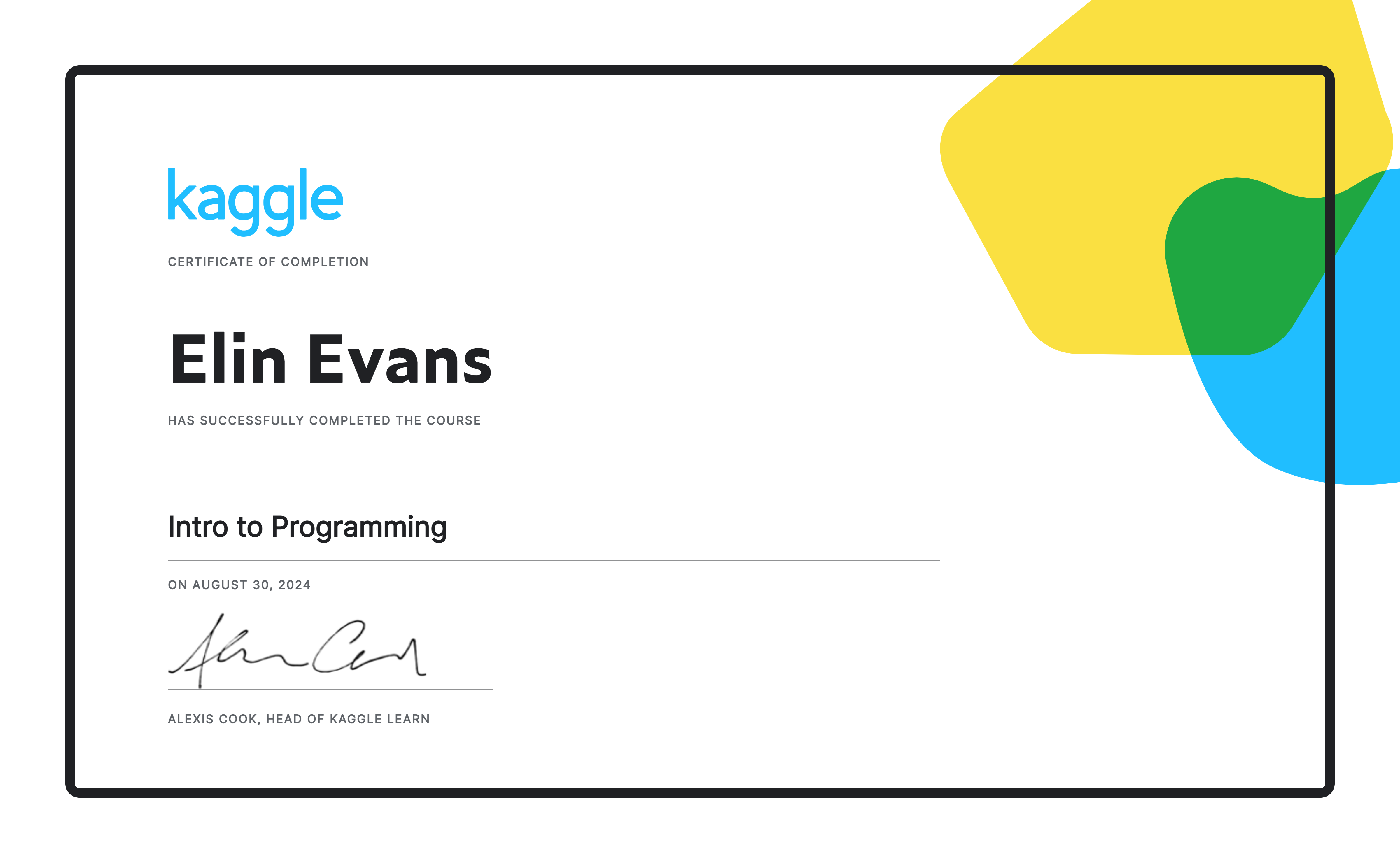 Elin Evans completed the Intro to Programming course on Kaggle!