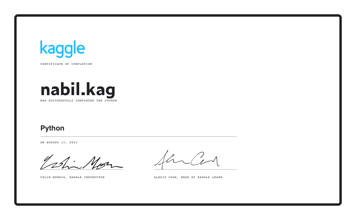 nabil.kag completed the Python course on Kaggle!