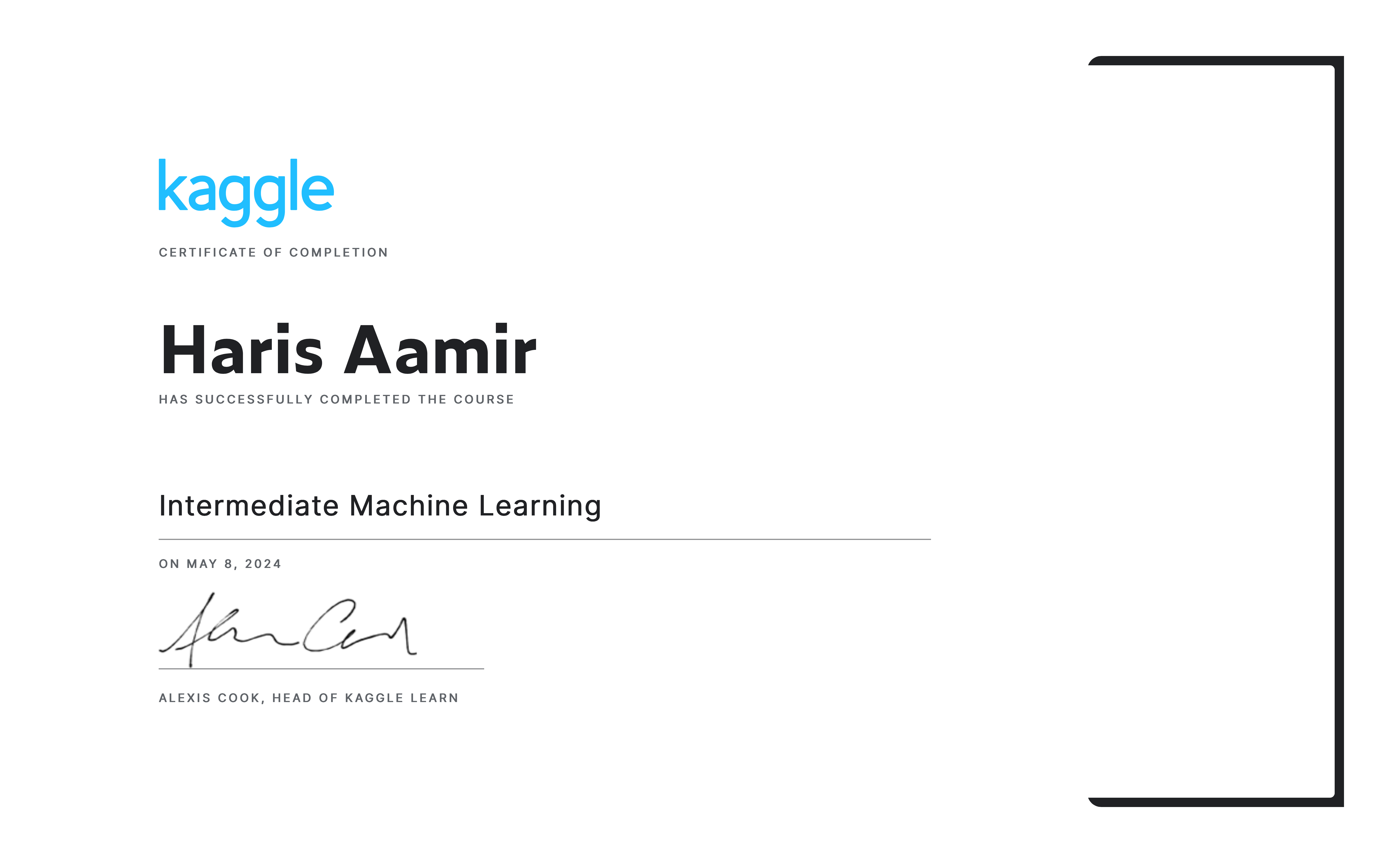 Haris Aamir completed the Intermediate Machine Learning course on Kaggle!