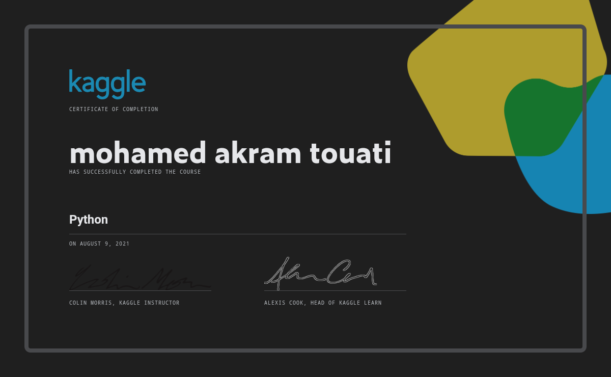 mohamed akram touati completed the Python course on Kaggle!