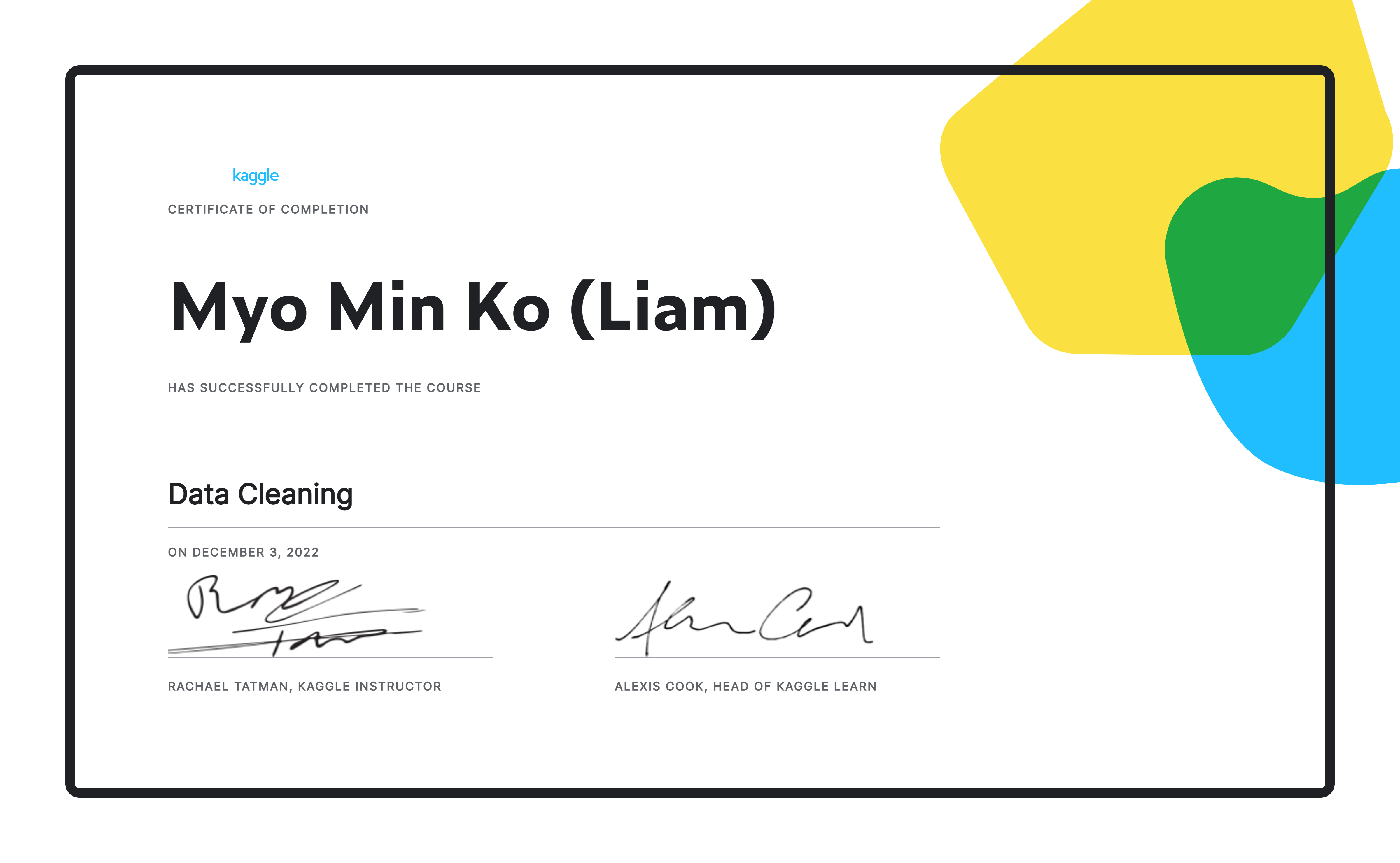 Myo Min Ko (Liam) completed the Data Cleaning course on Kaggle!