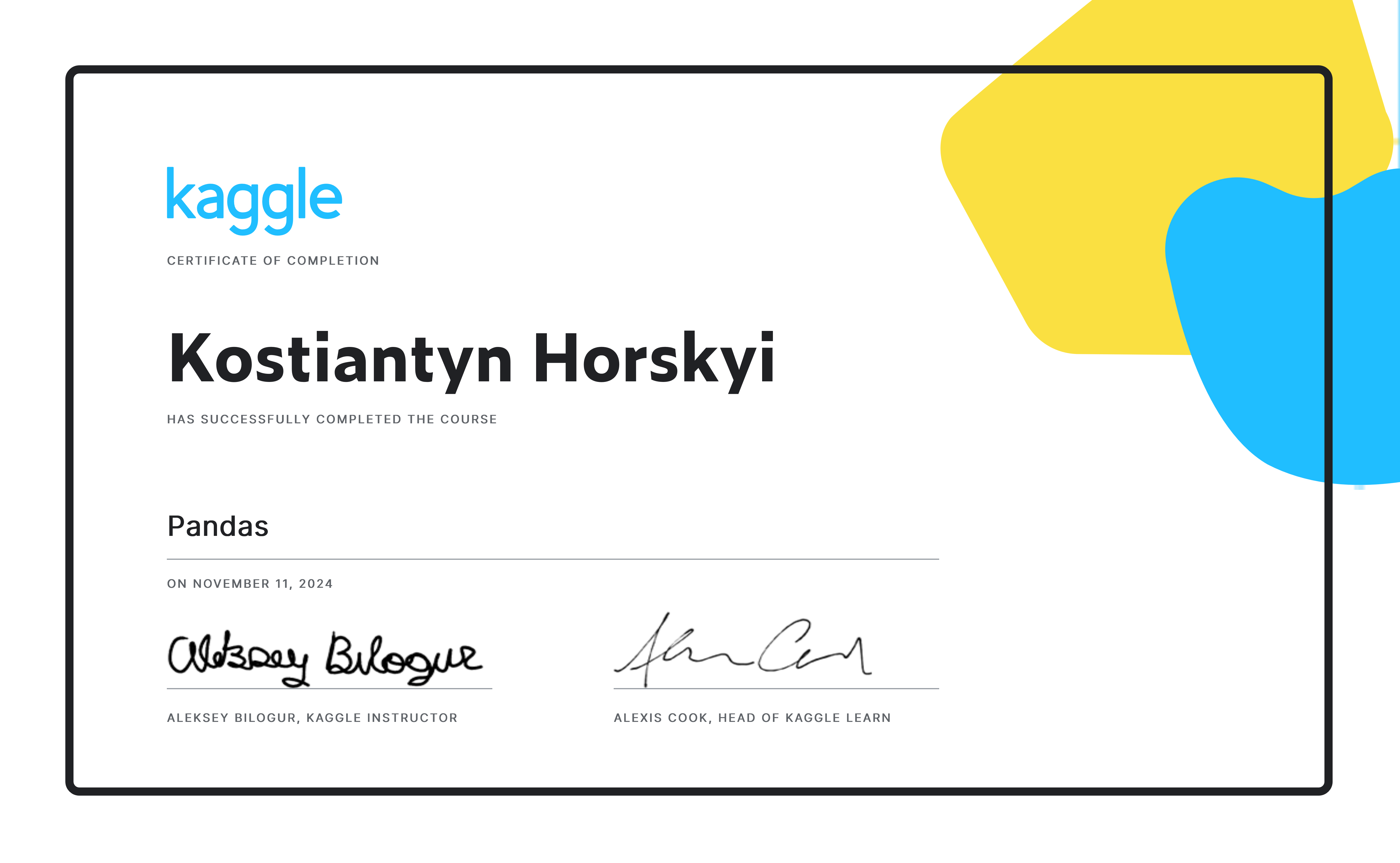 Kostiantyn Horskyi completed the Pandas course on Kaggle!