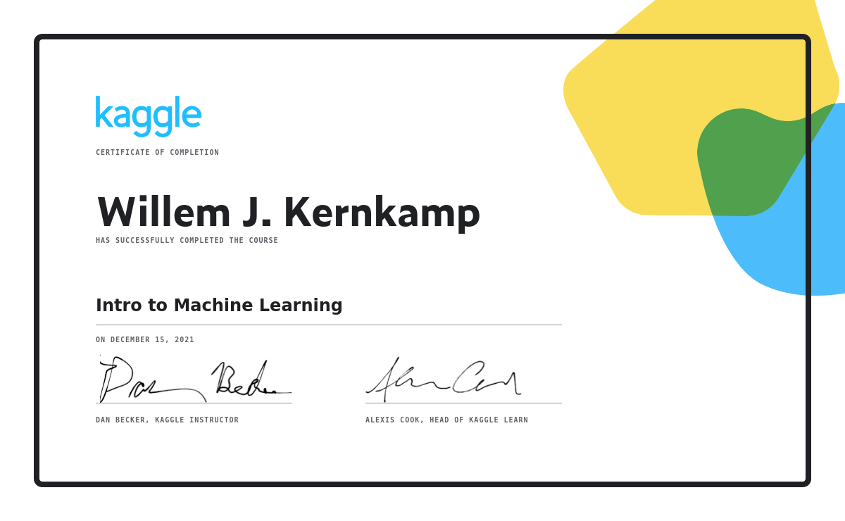 Willem J. Kernkamp completed the Intro to Machine Learning course on ...