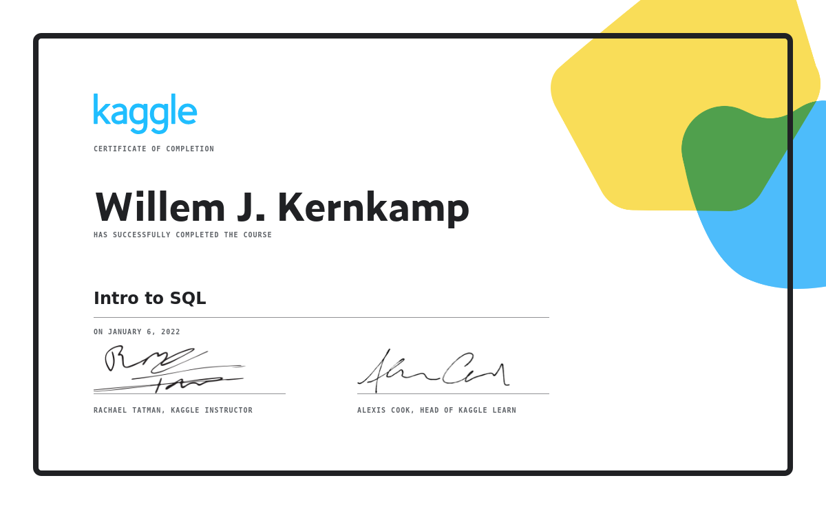 Willem J. Kernkamp completed the Intro to SQL course on Kaggle!
