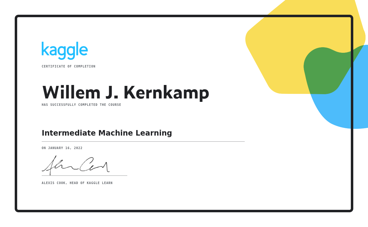 Willem J. Kernkamp completed the Intermediate Machine Learning course ...