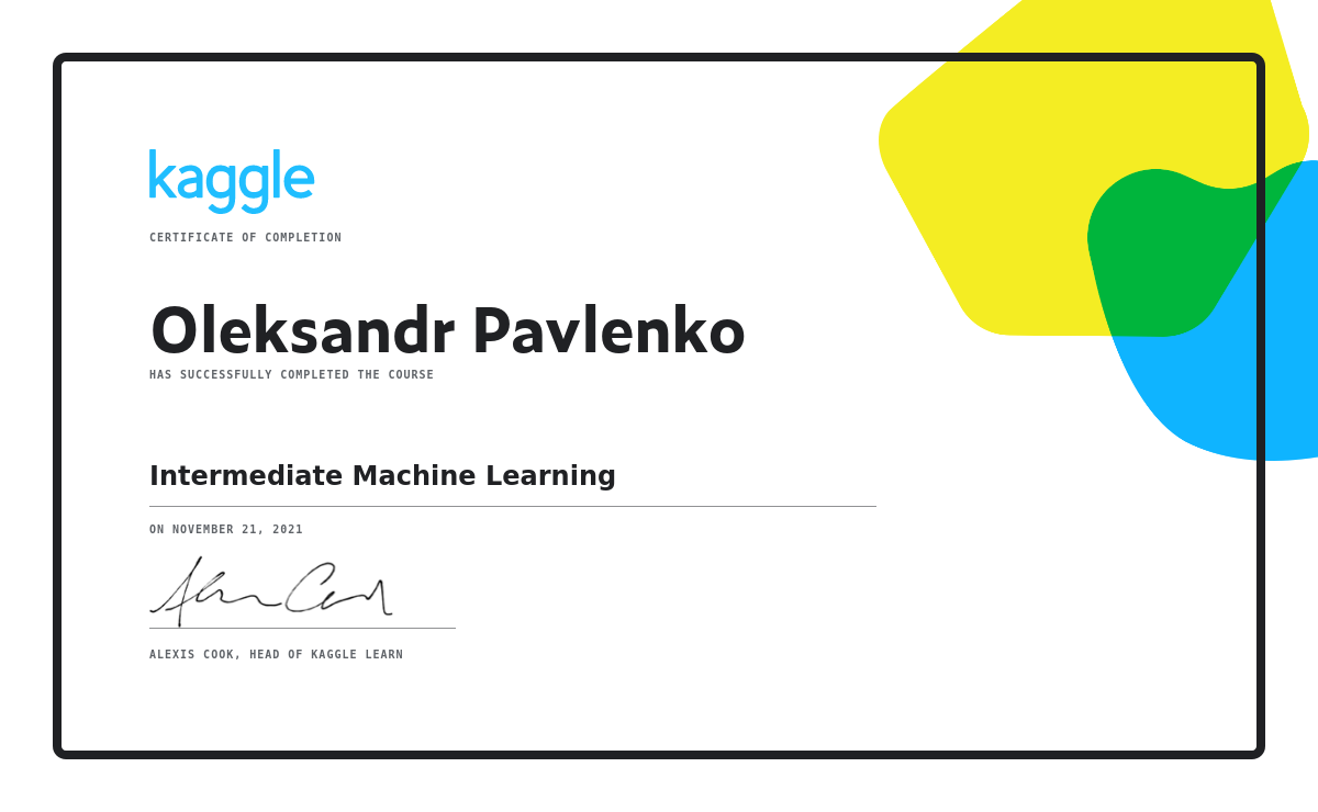 Oleksandr Pavlenko completed the Intermediate Machine Learning course on Kaggle!
