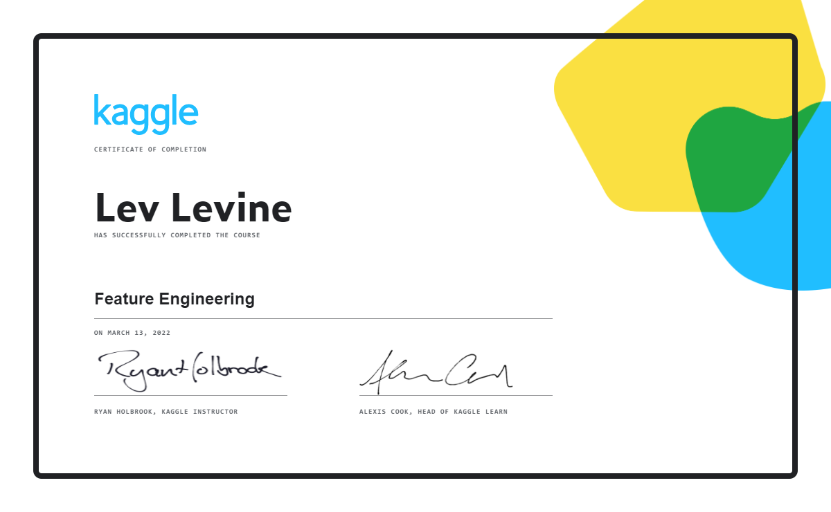Lev Levine completed the Feature Engineering course on Kaggle!