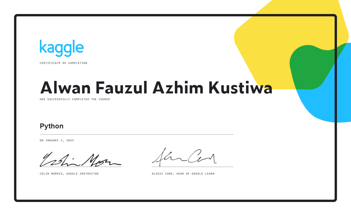 Alwan Fauzul Azhim Kustiwa completed the Python course on Kaggle!