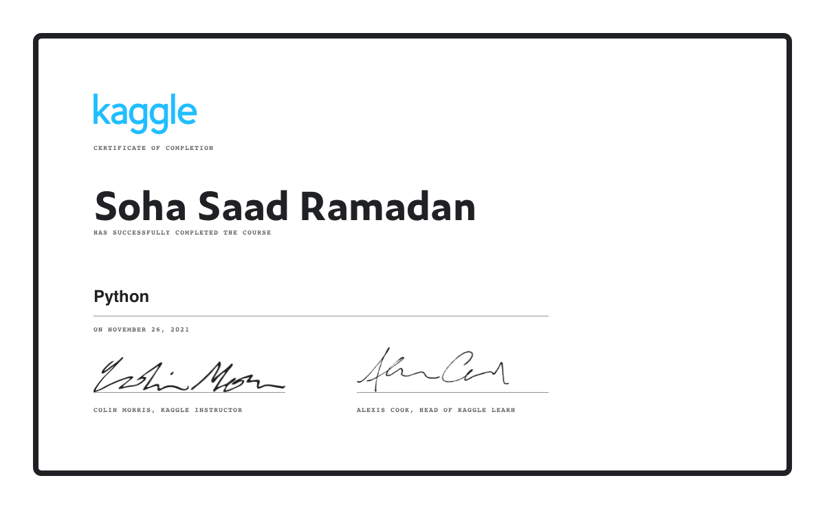 Soha Saad Ramadan Completed The Python Course On Kaggle 