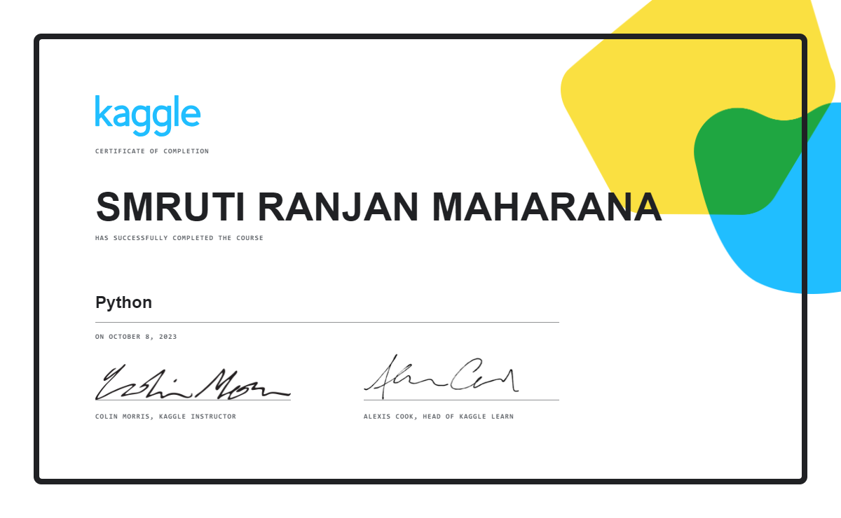 SMRUTI RANJAN MAHARANA completed the Python course on Kaggle!