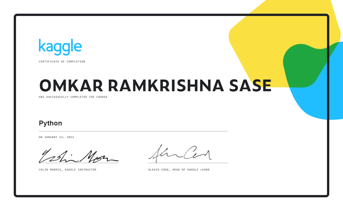 Omkar Ramkrishna Sase Completed The Python Course On Kaggle