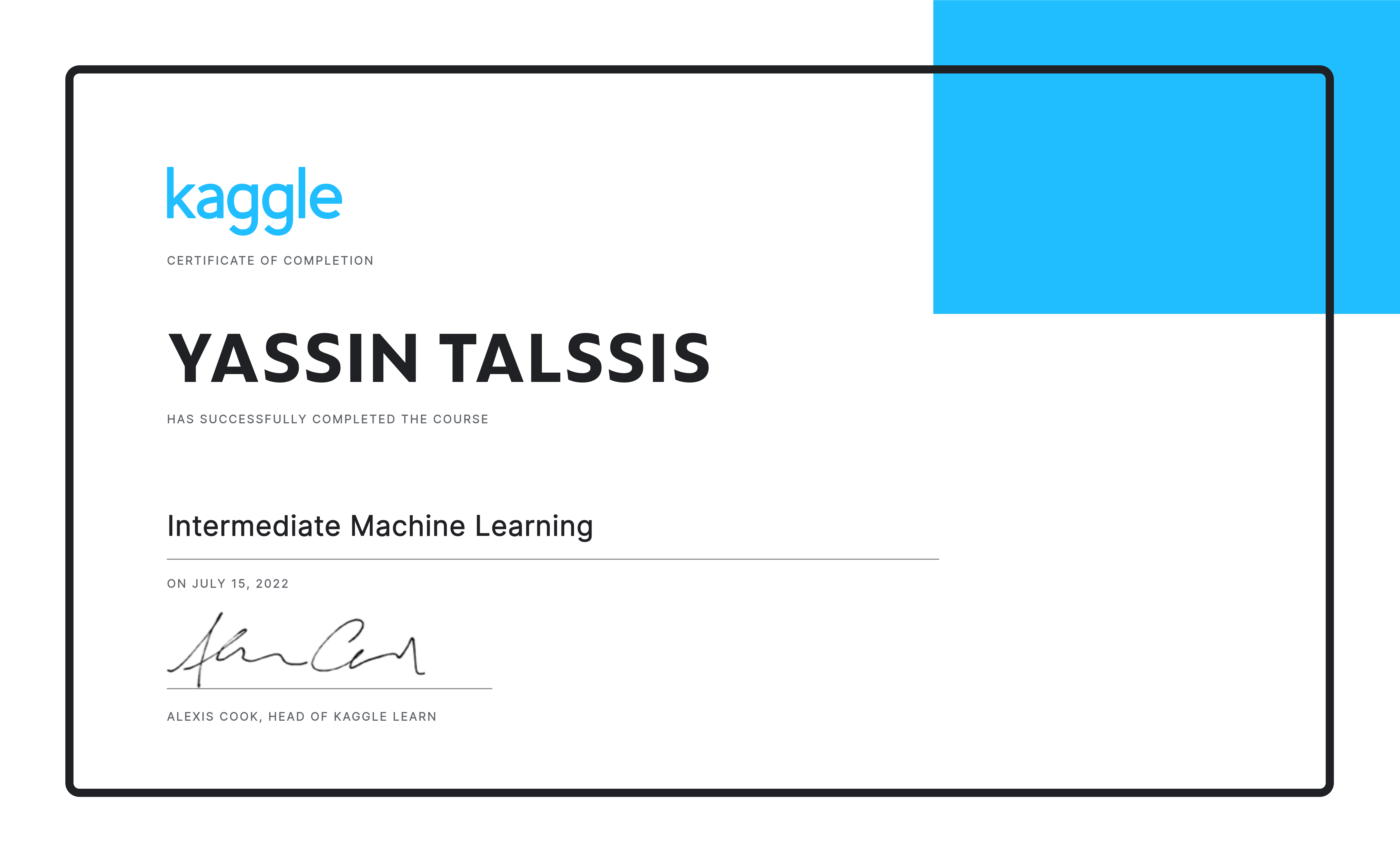 YASSIN TALSSIS completed the Intermediate Machine Learning course on Kaggle!