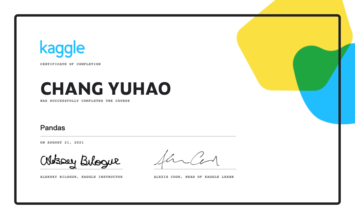 CHANG YUHAO completed the Pandas course on Kaggle!