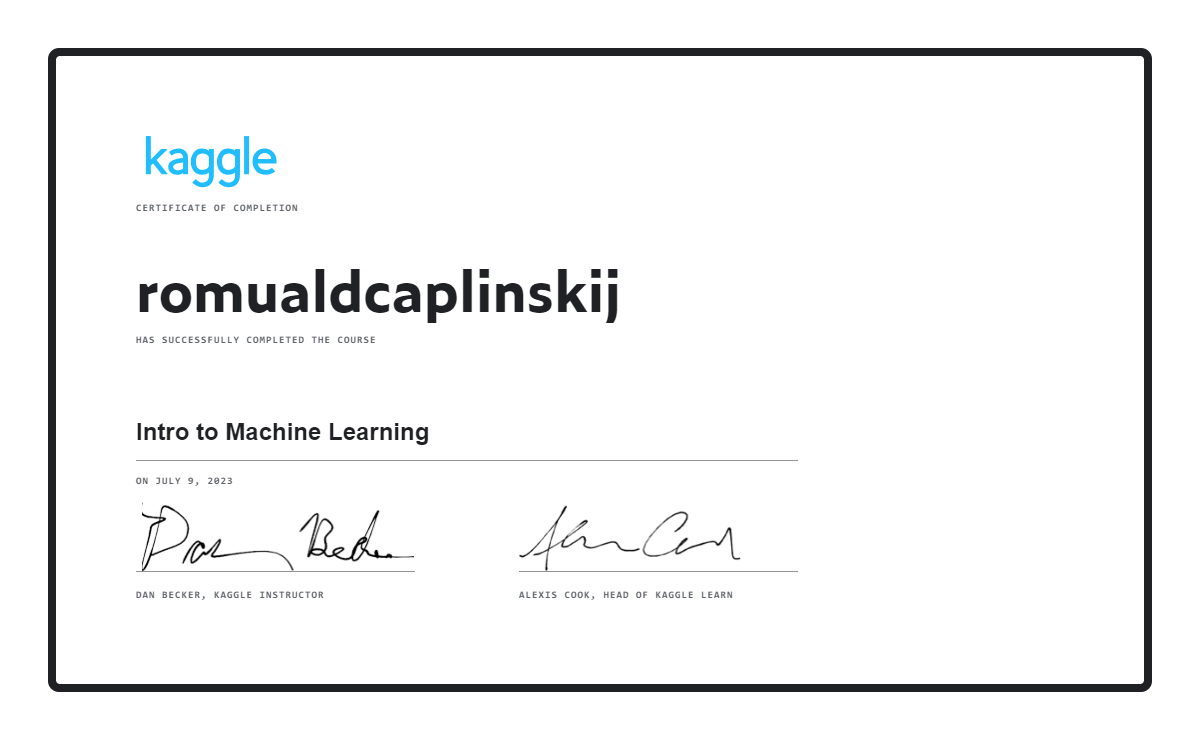 Romuald Caplinskij completed the Intro to Machine Learning course on ... Romuald Caplinskij completed the Intro to Machine Learning course on ...