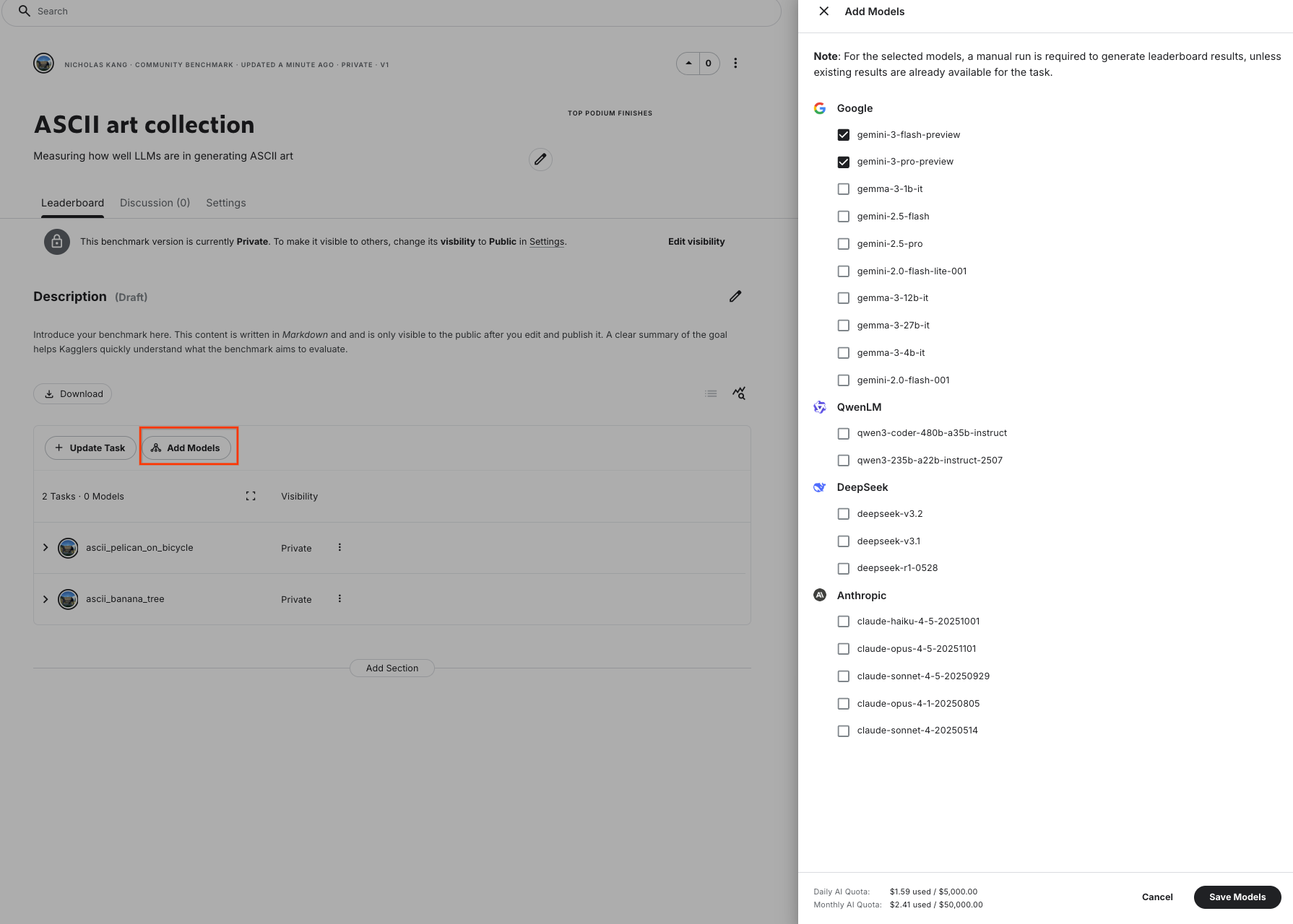 Benchmarks Documentation | Kaggle