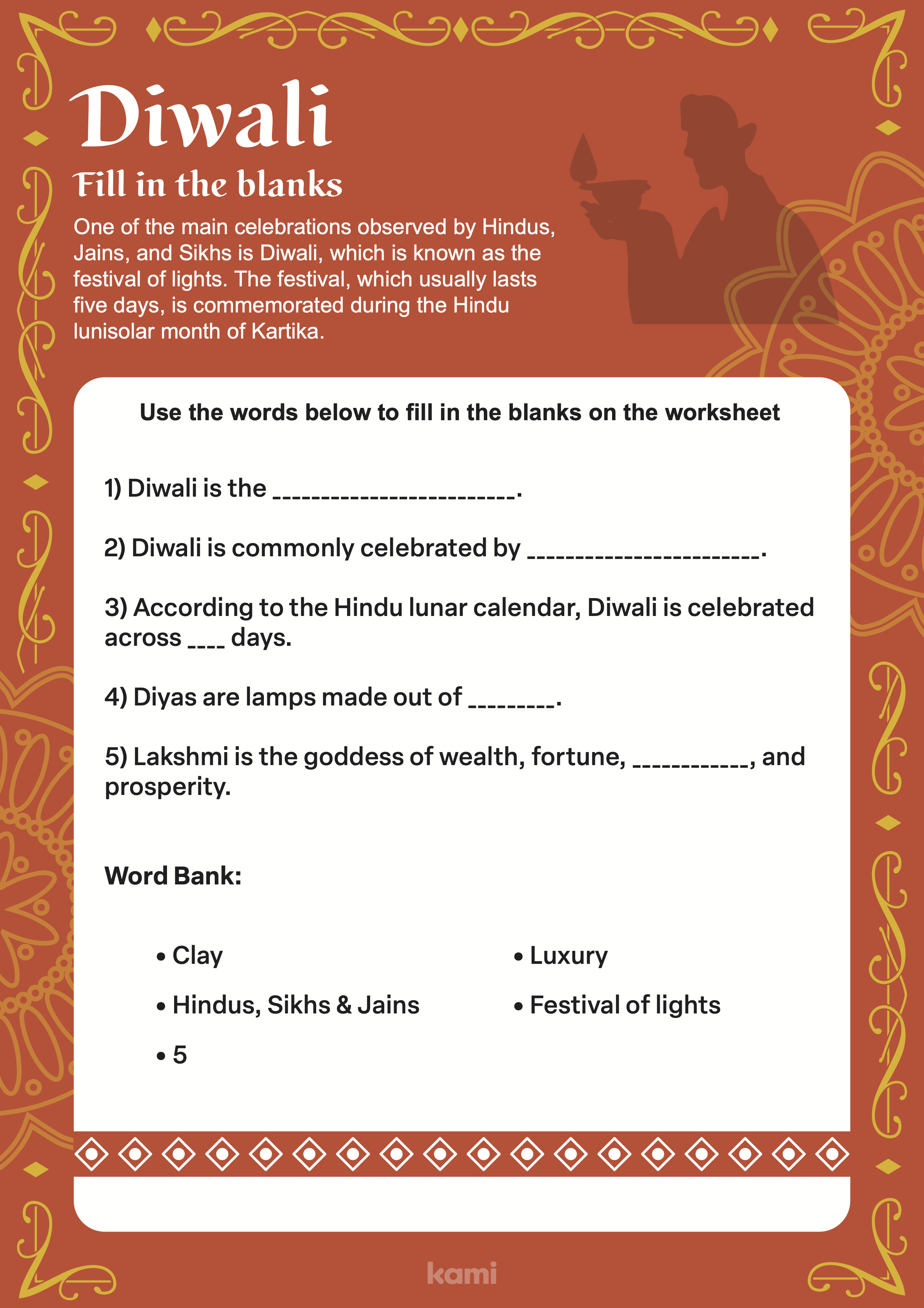 Diwali Fill in the Blanks for Teachers | Perfect for grades 5th, 6th ...