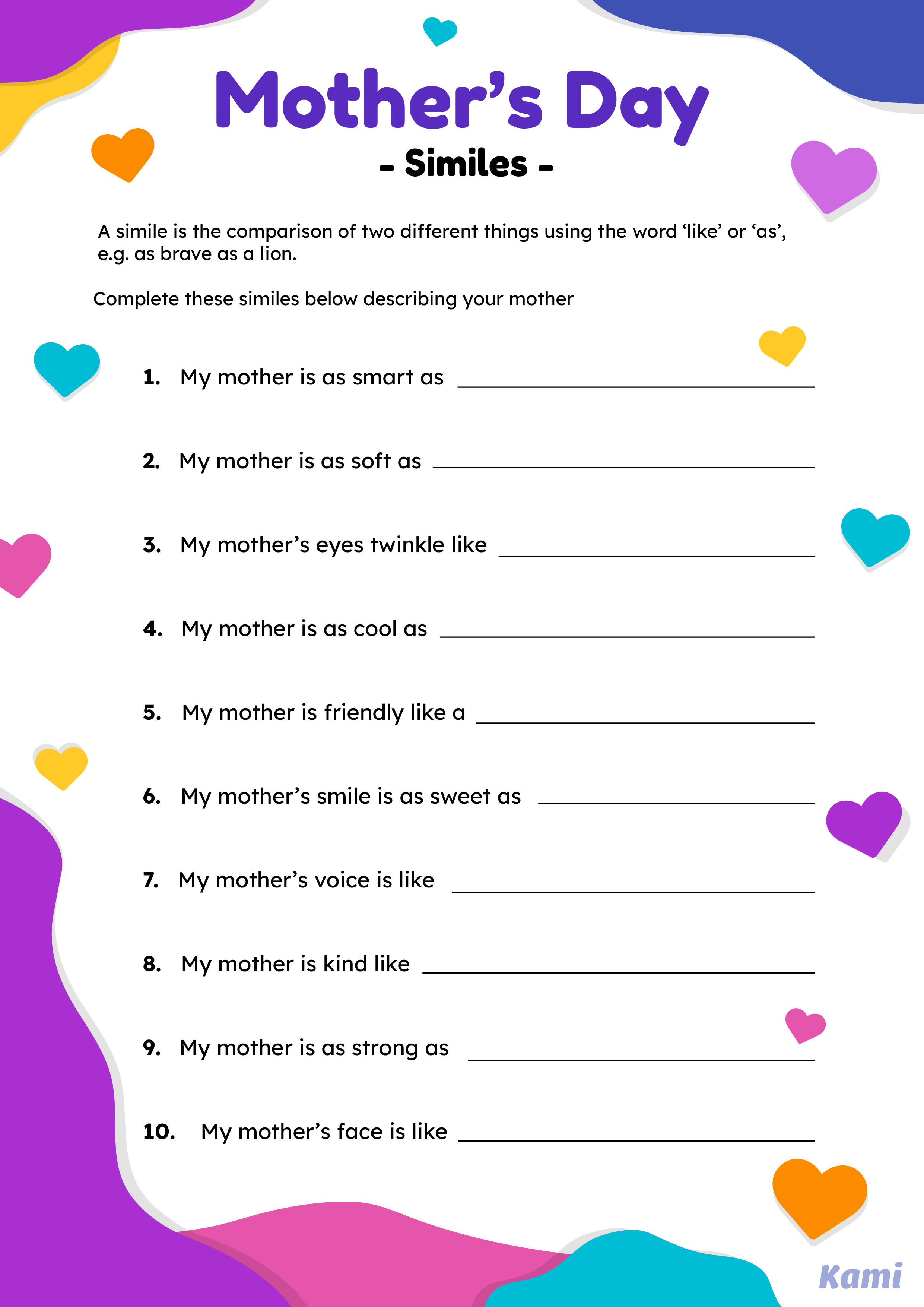 Mother's Day Simile Writing Worksheet for Teachers | Perfect for grades ...