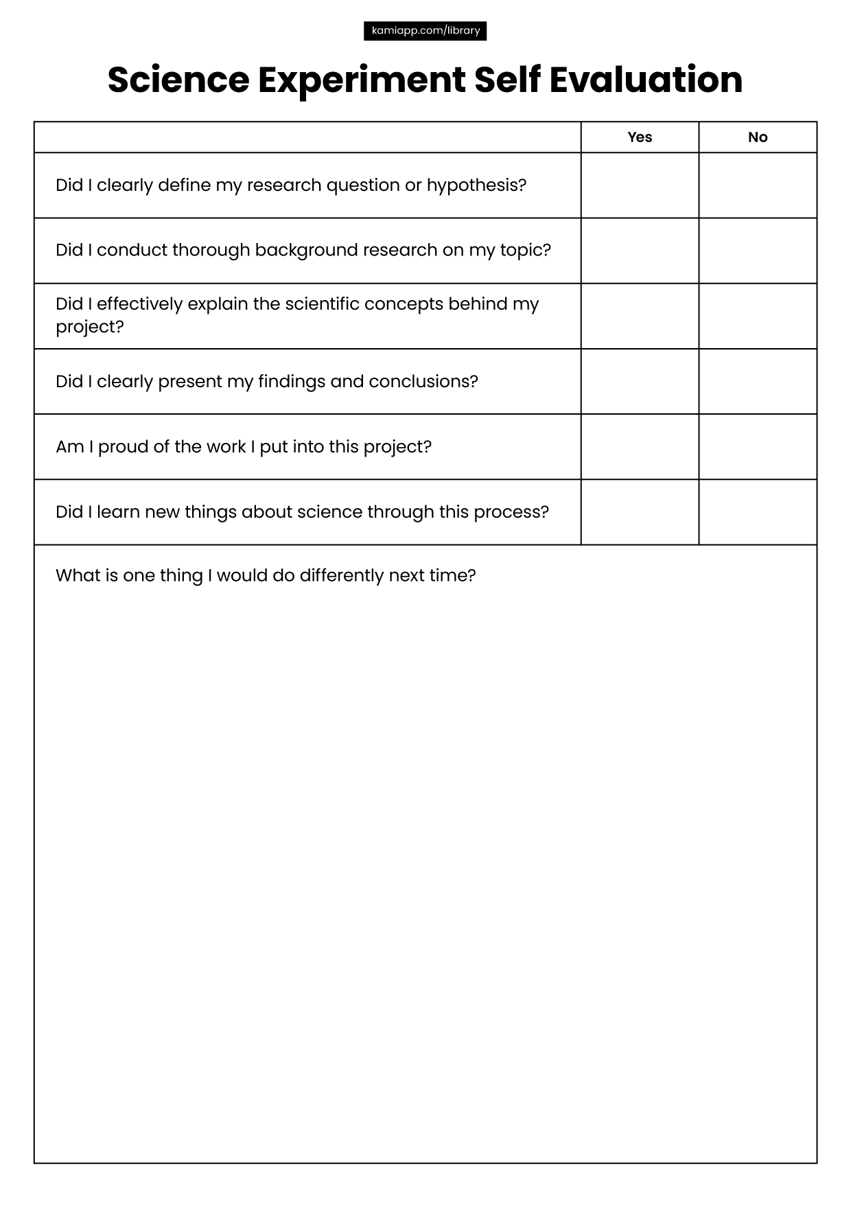 Science Experiment Self Evaluation | Kami Library
