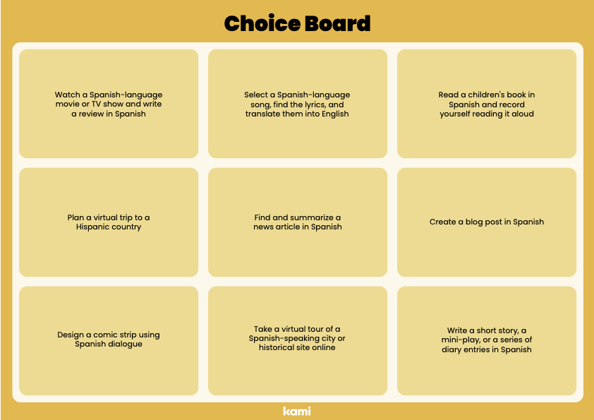 Spanish Choice Board for Teachers | Perfect for grades 6th, 7th, 8th ...