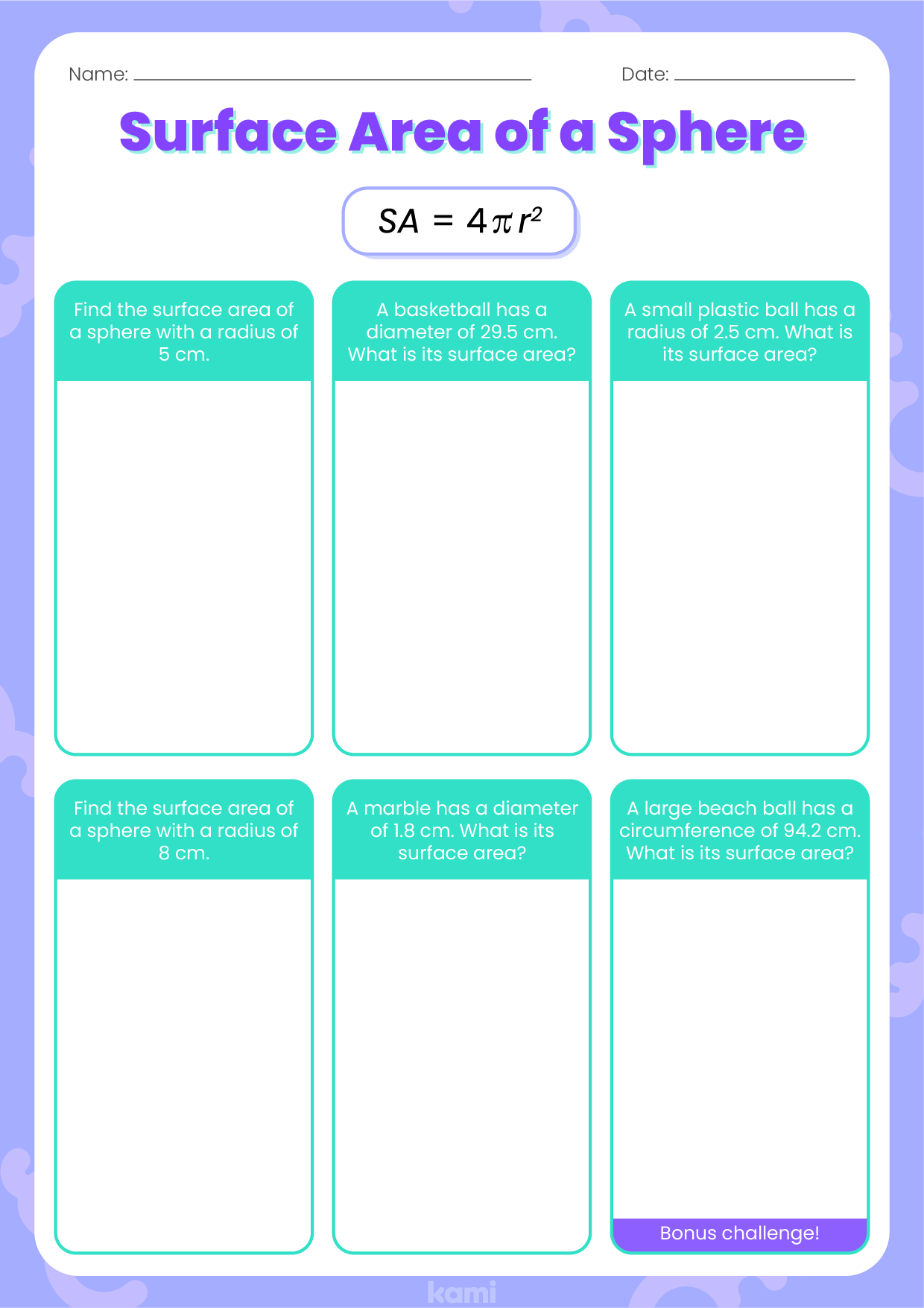 Surface Area of a Sphere Challenge | Answer Key for Teachers | Perfect ...
