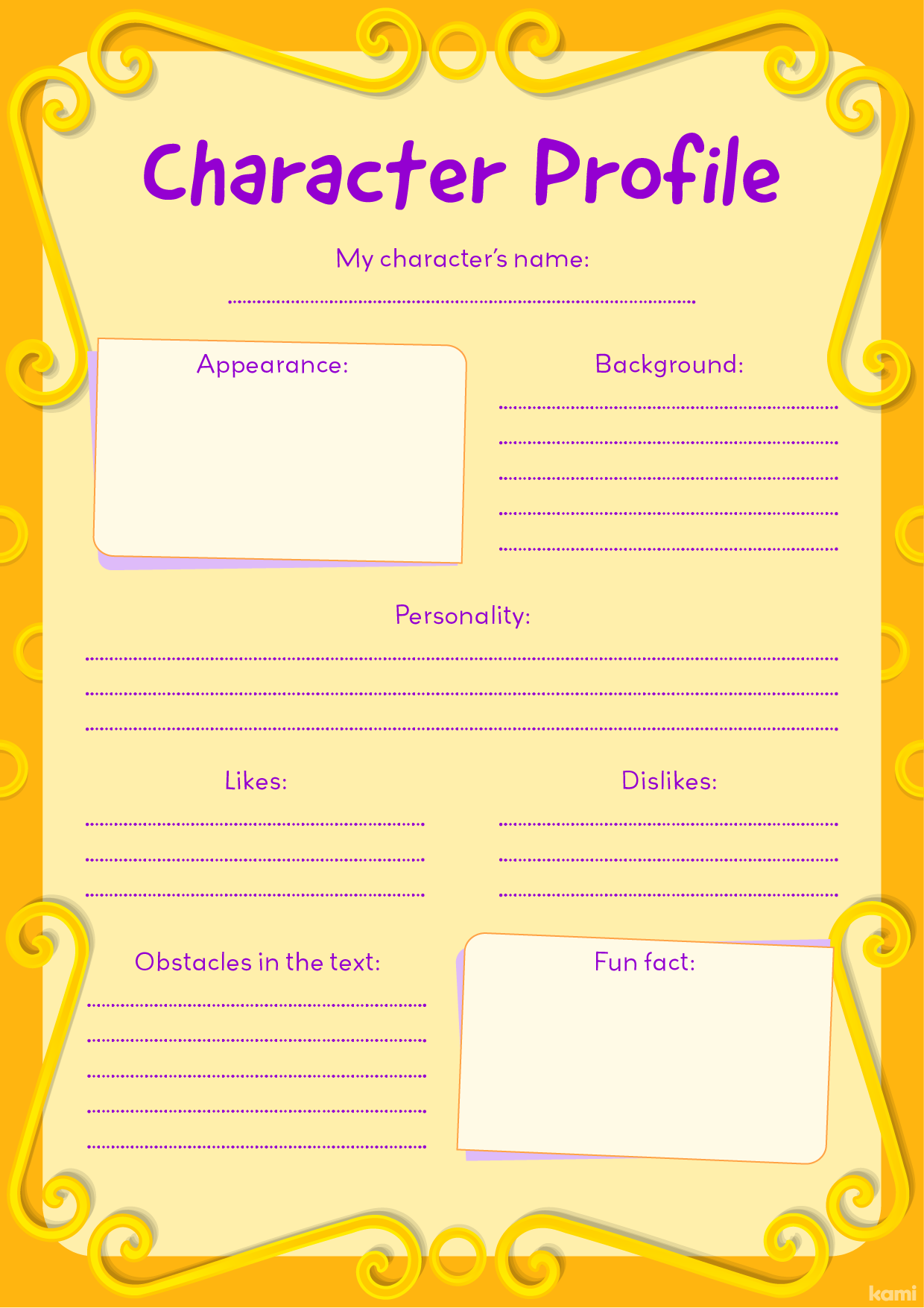 Character Profile Yellow for Teachers | Perfect for grades 6th, 7th ...