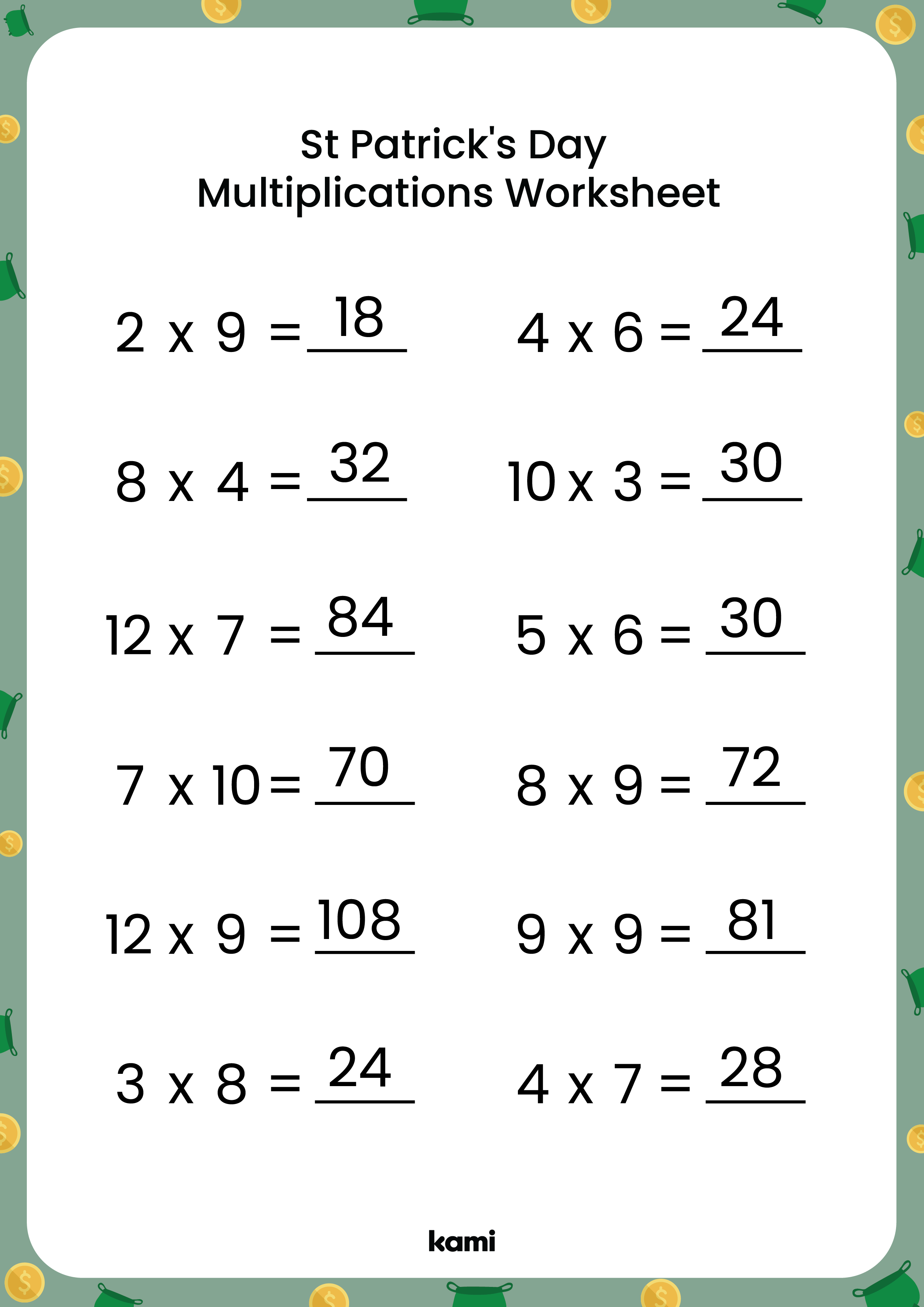 St. Patrick's Day Multiplications Worksheet | Answer Key for Teachers ...