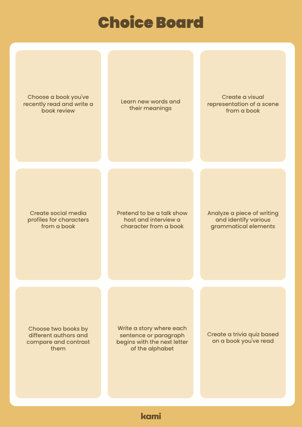 English Choice Board for Teachers | Perfect for grades 6th, 7th, 8th ...