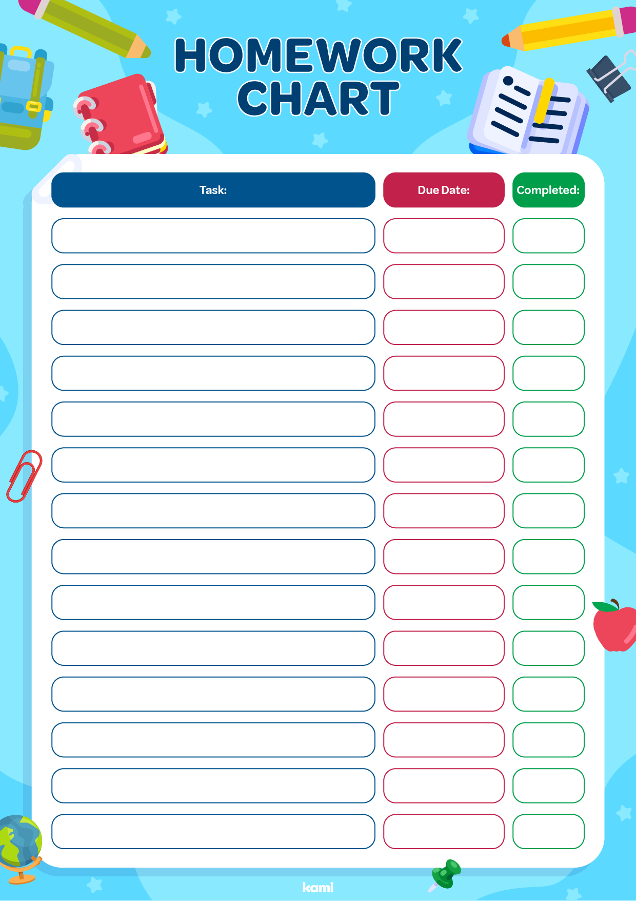 Homework Chart Elementary Portrait For Teachers Perfect For Grades