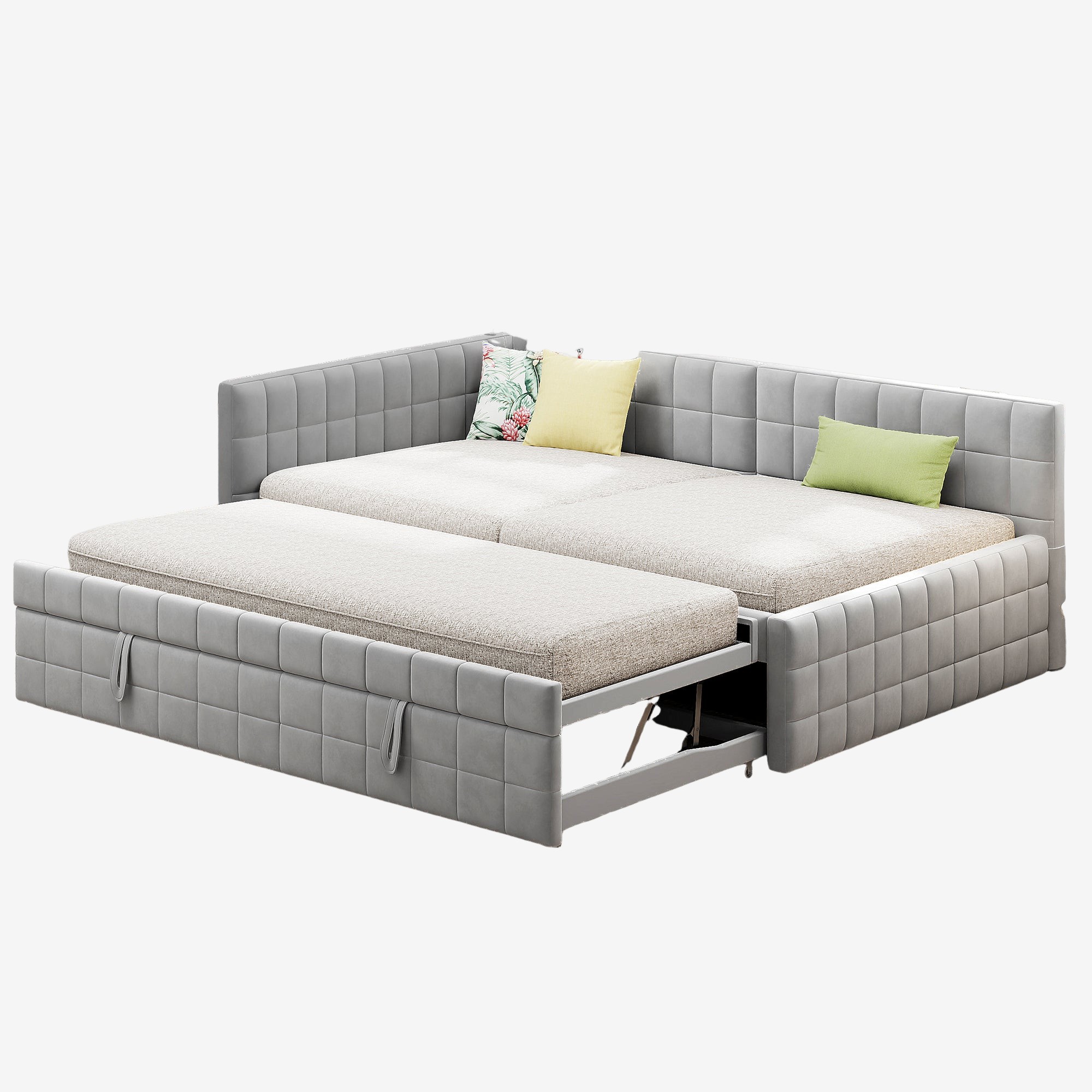 Full Size Upholstered L-Shaped Daybed with Twin Size Pop Up Trundle and ...