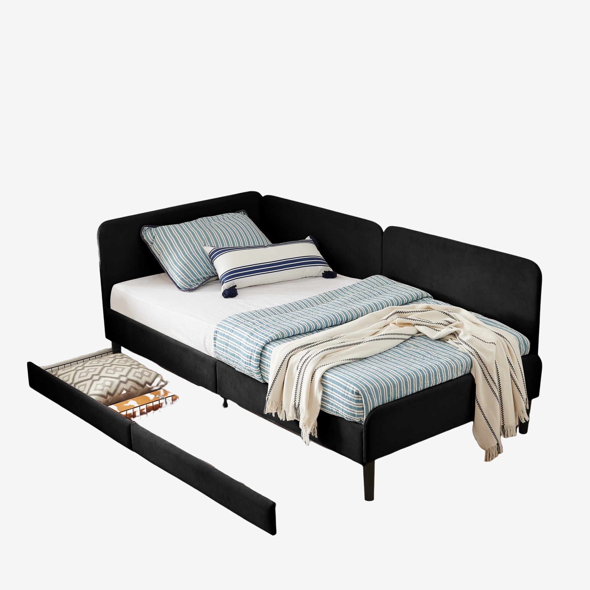 Velvet Upholstered Platform Bed Frame with 2 Storage Drawers and ...