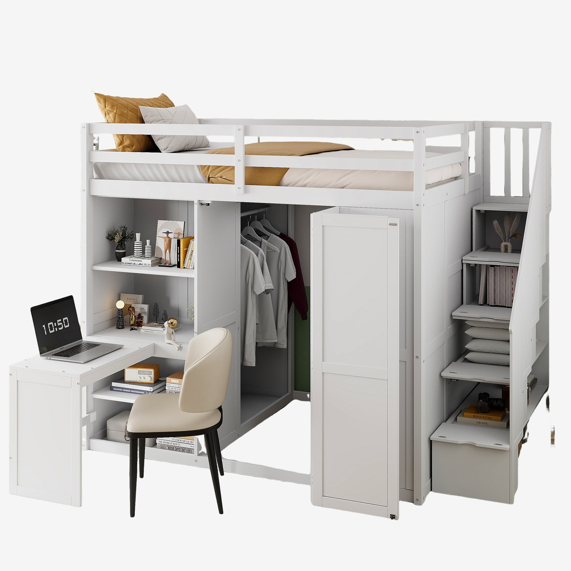 Full Size Loft Bed with Wardrobe, Desk and Shelves - $1627.14 | Kashew ...