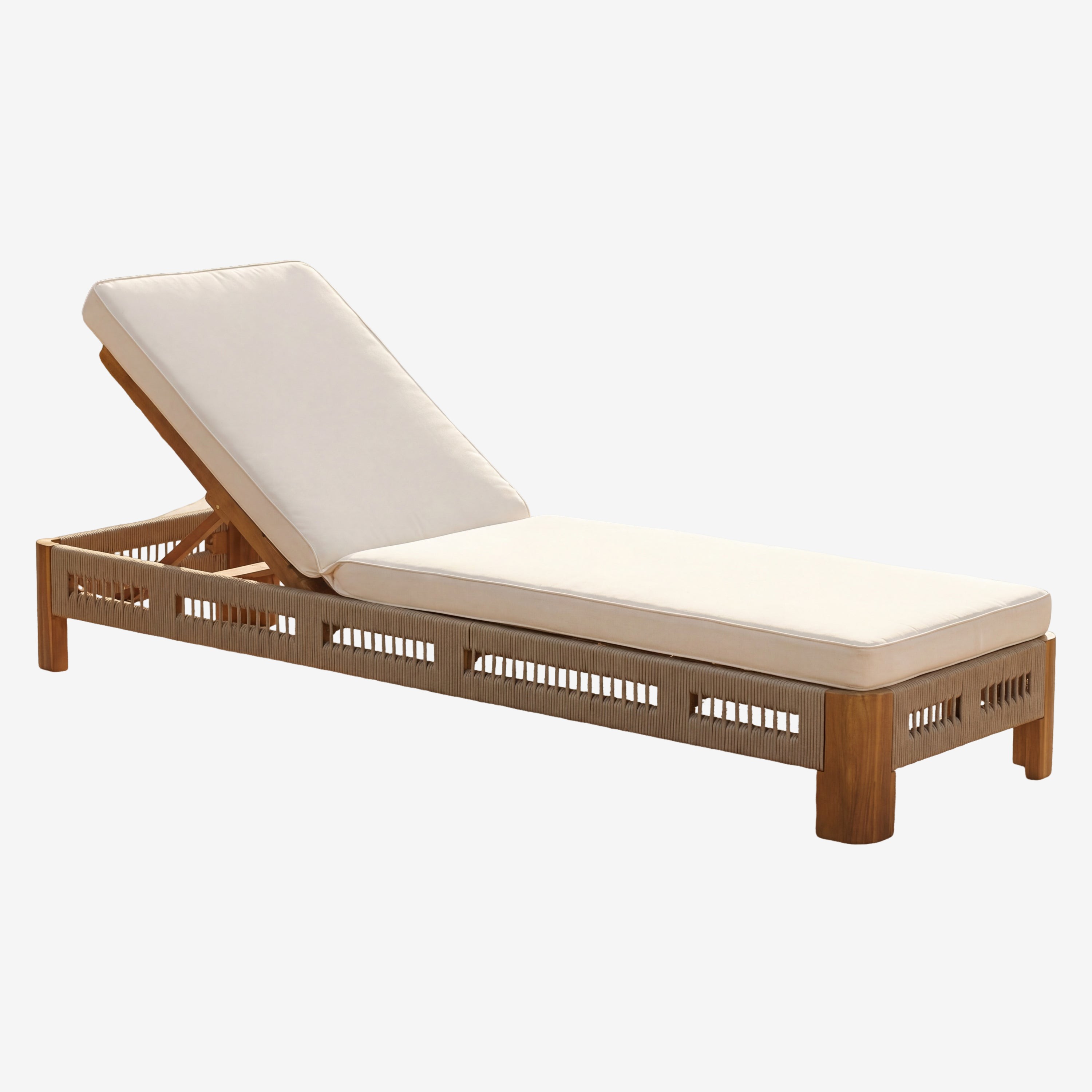 Acacia Wood Outdoor Chaise Lounge + Cushion with Adjustable Backrest ...