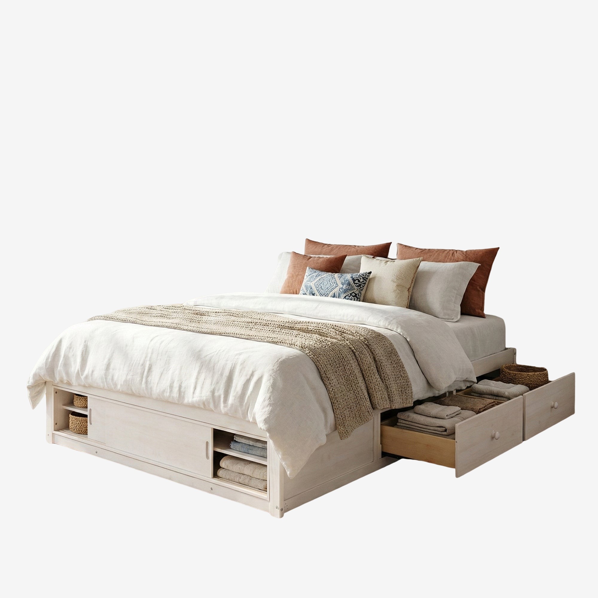 Platform Bed Frame with 4 Storage Drawers and Footboard Storage Cubby ...