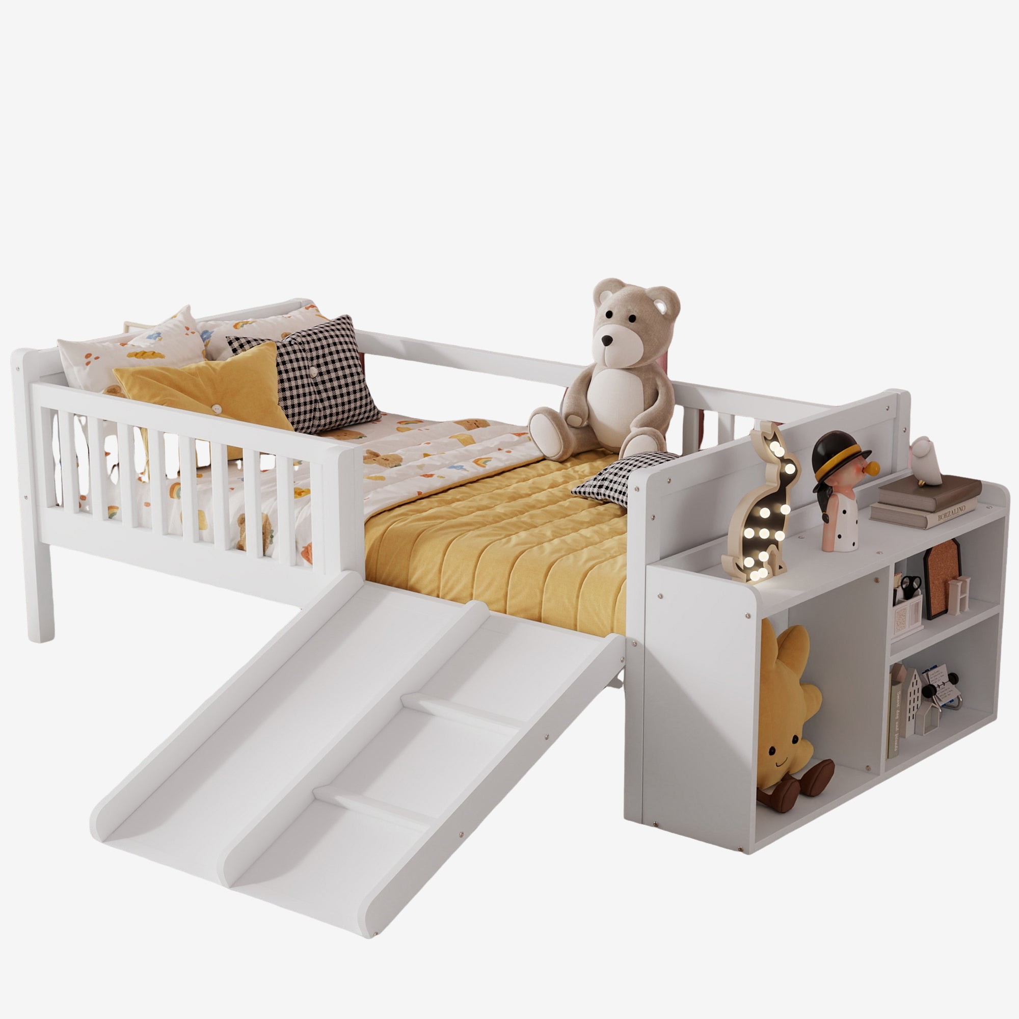Twin Size Low Loft Bed for Kids with Slide, Movable Bookshelf Storage ...