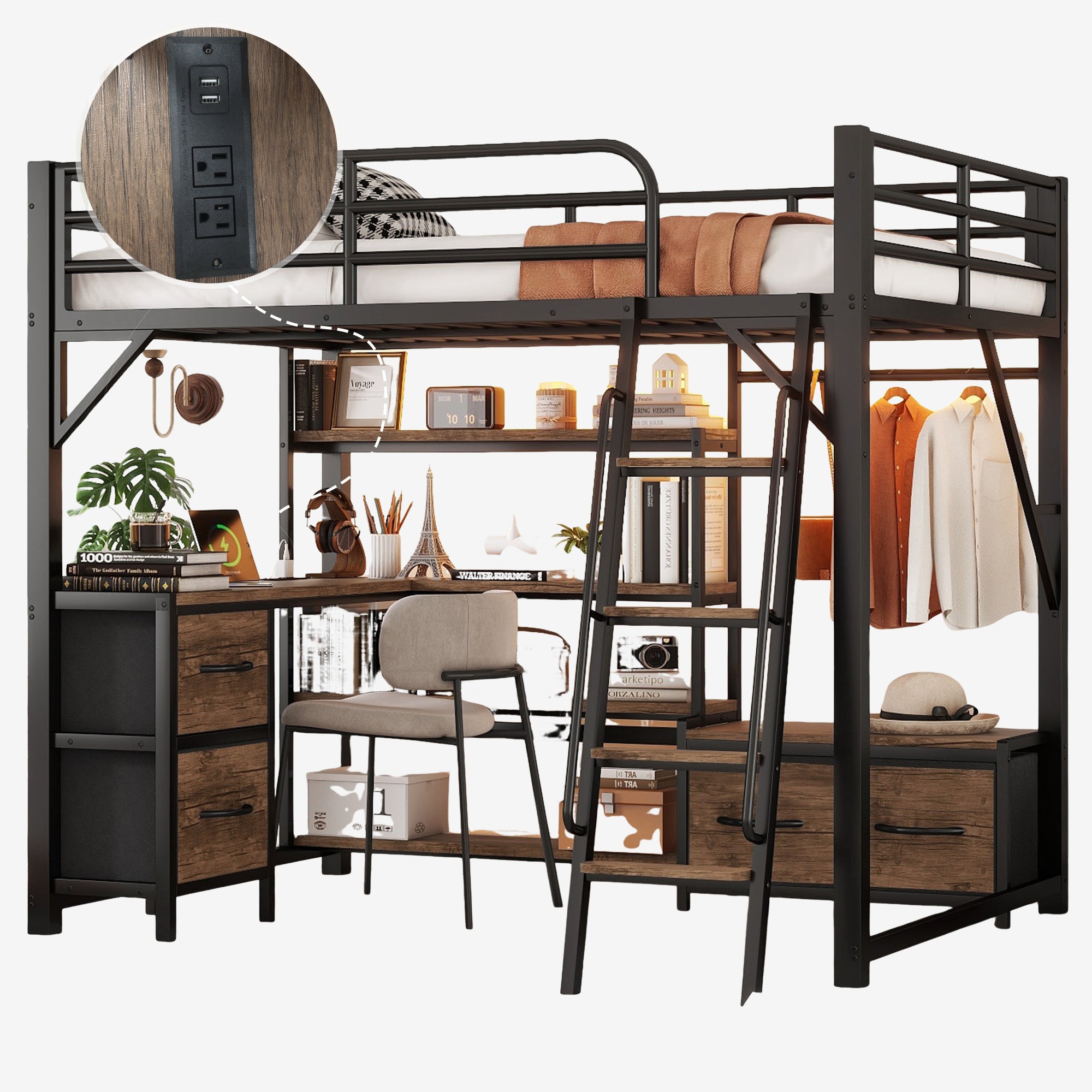 Metal Loft Bed with Desk and LED, Storage Shelves, Wardrobe and Drawers ...
