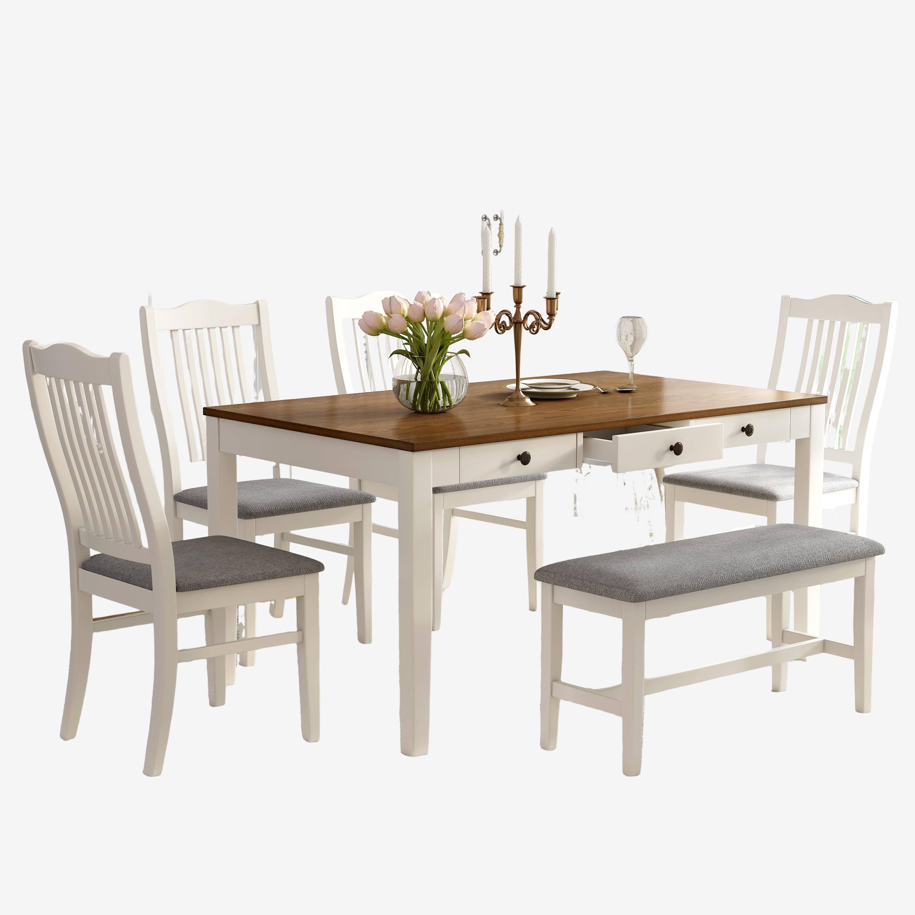 Mid-Century 6-Piece Wood Dining Table Set, Kitchen Table Set with ...